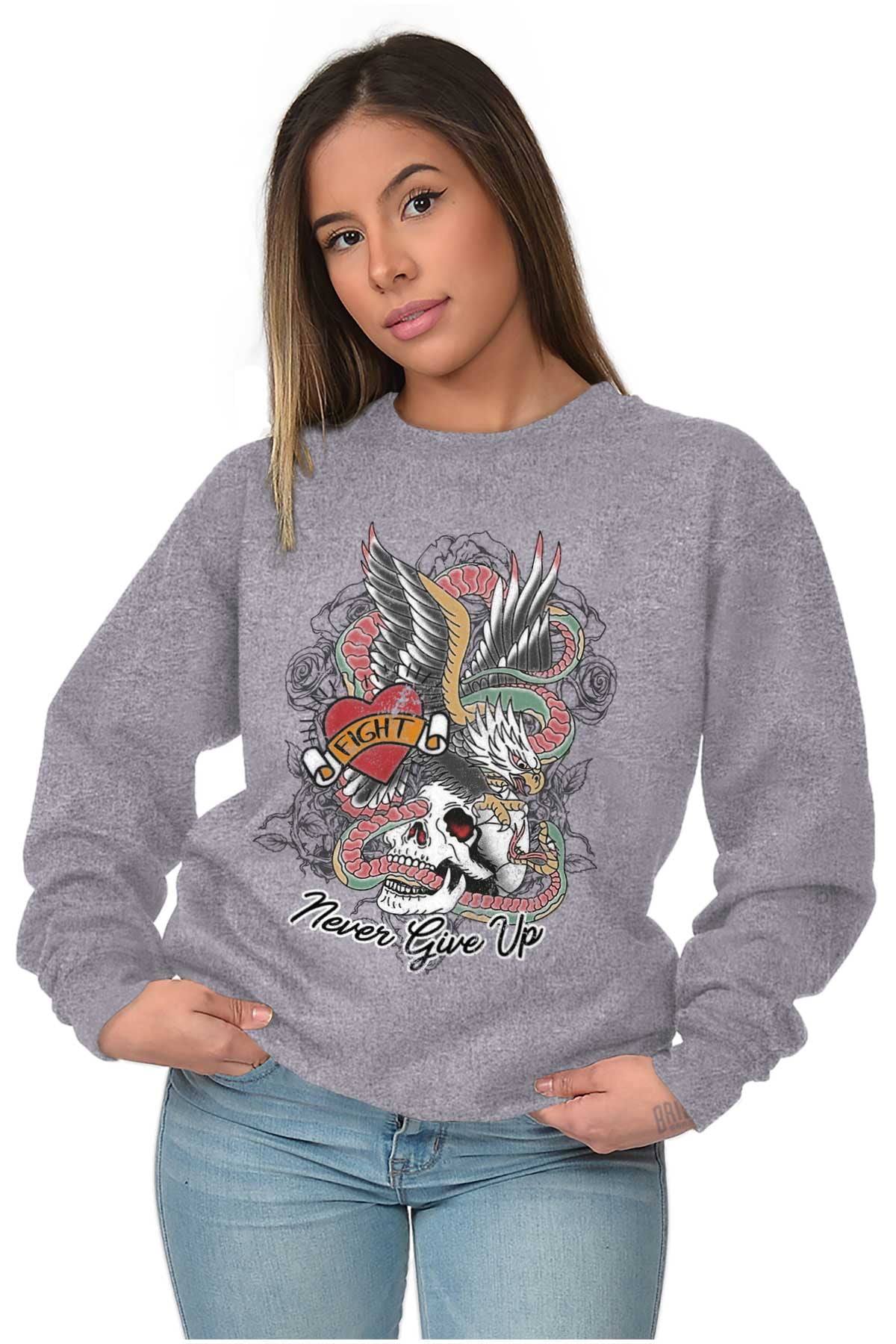 Never Give Up Fight Skull Tattoo Sweatshirt for Men or Women Brisco ...