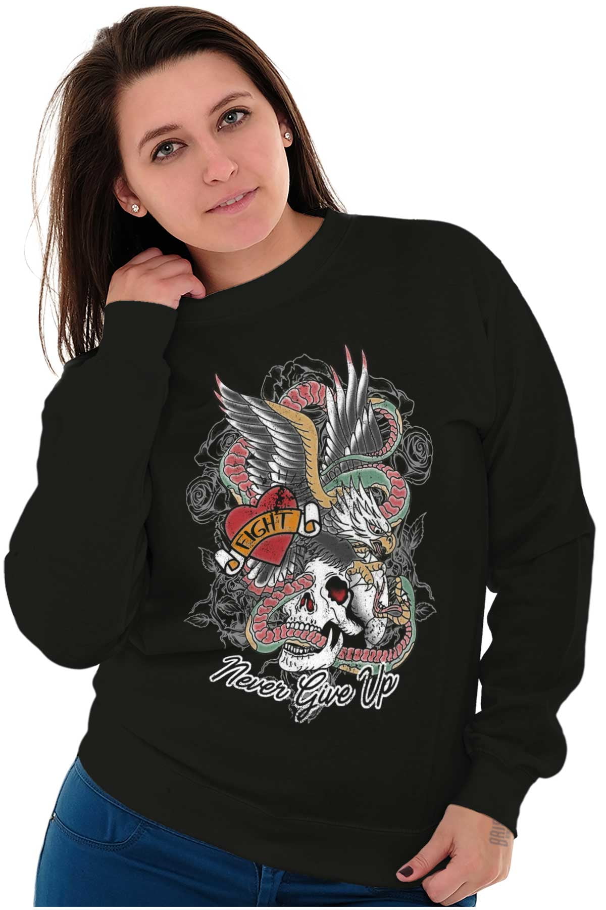 Never Give Up Fight Skull Tattoo Sweatshirt for Men or Women Brisco ...