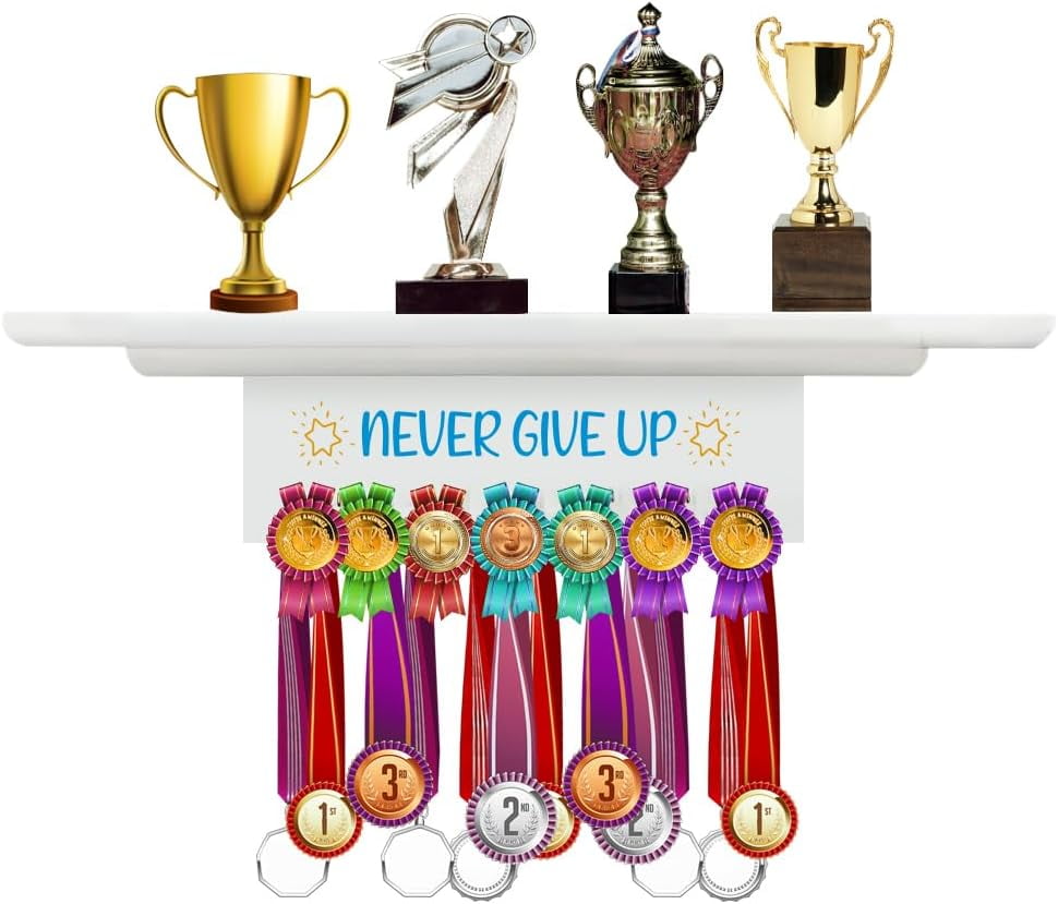 Never Give Up Wood Trophy and Medal Display Shelf Sturdy Medal Holders ...