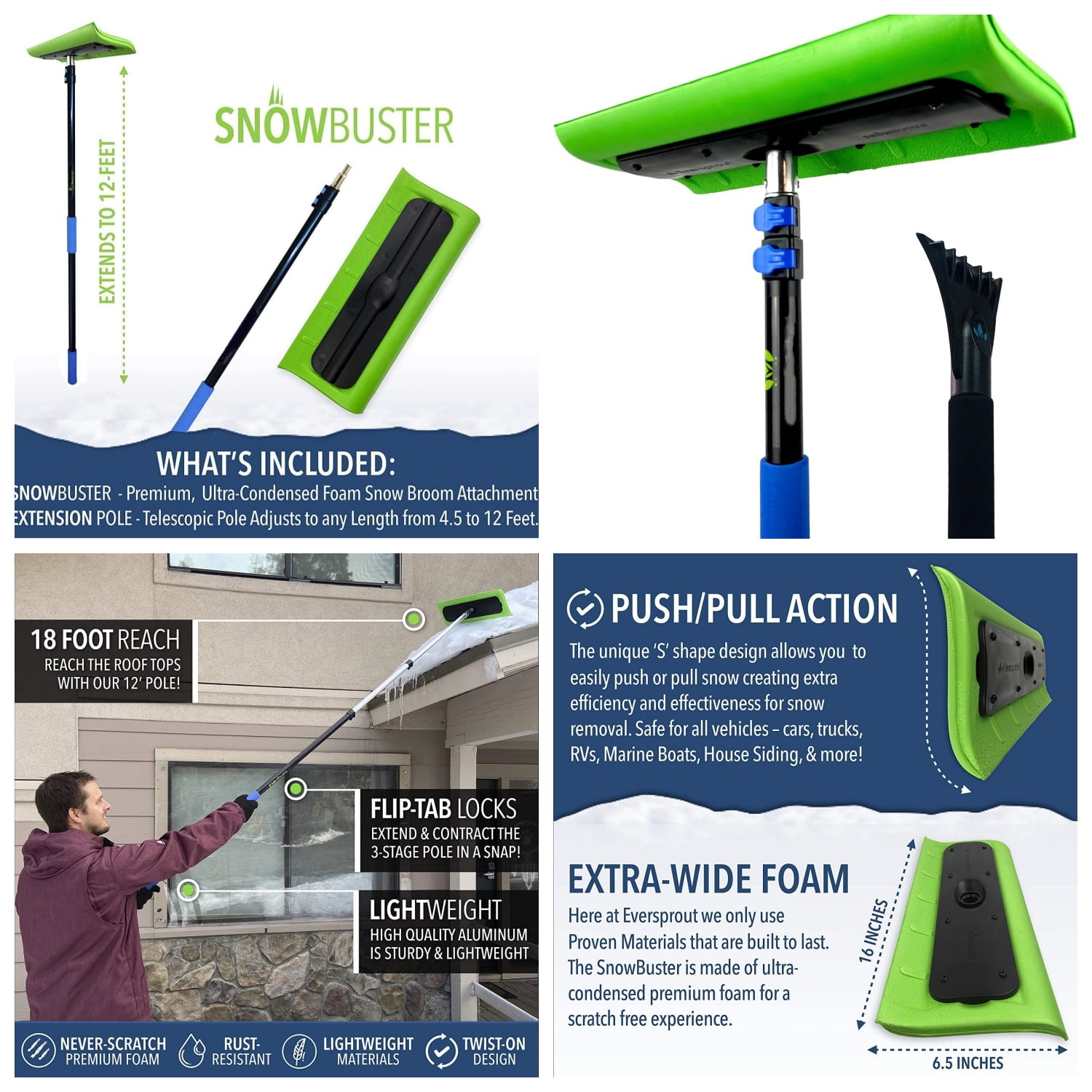 Never-Scratch SnowBuster and Ice Scraper 5-to-12 Foot (Up to 18 ft ...