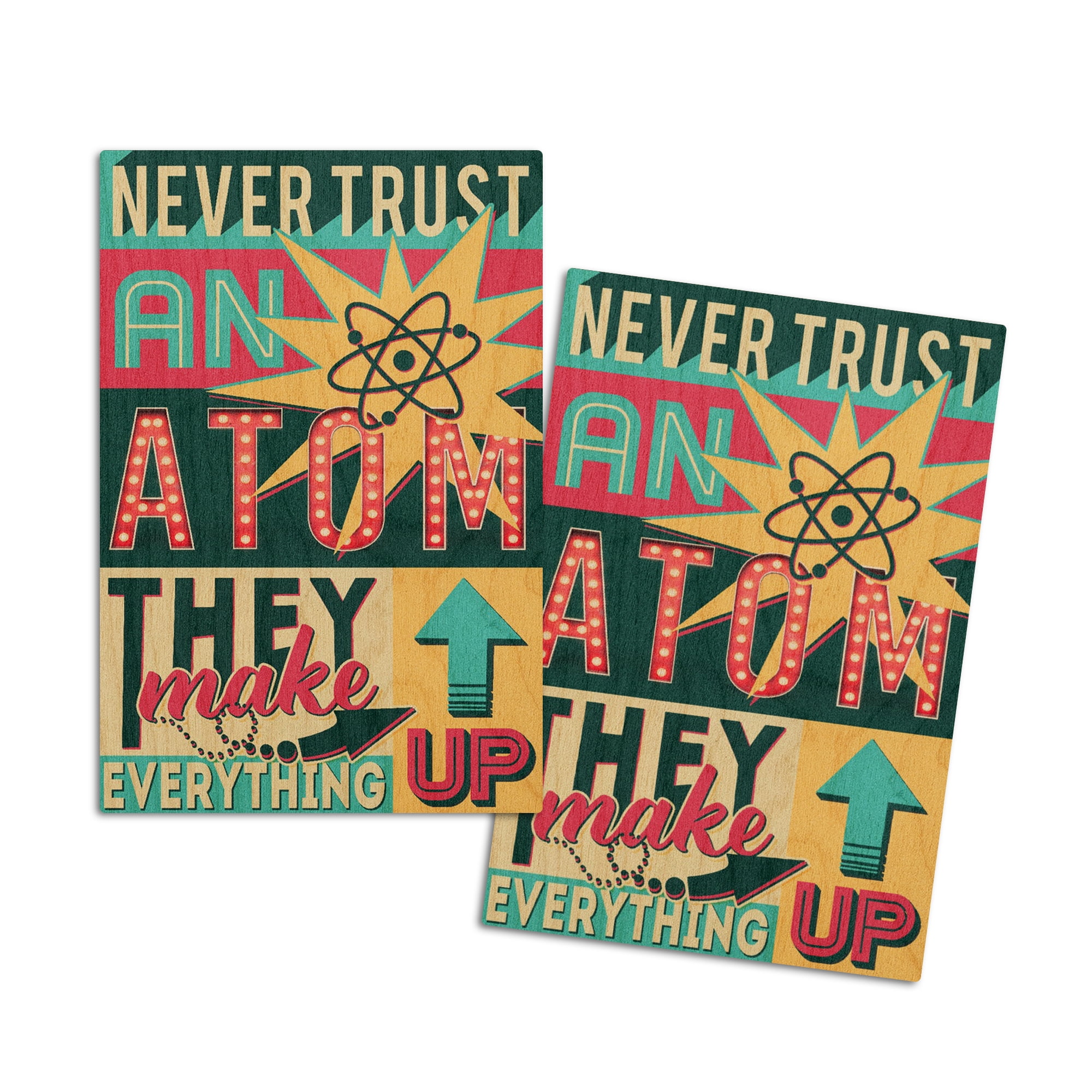 Never Trust an Atom, Quote, Vector Typography (4x6 Birch Wood Postcards ...