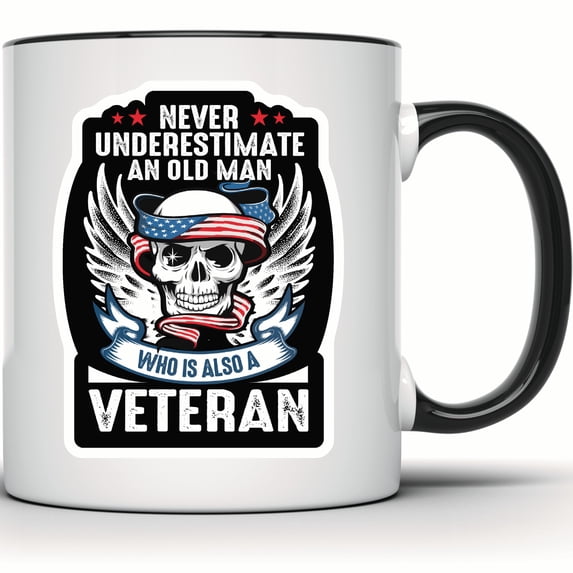 Never Underestimate an Old Man Veteran Mug - American Flag Skull Wings ...