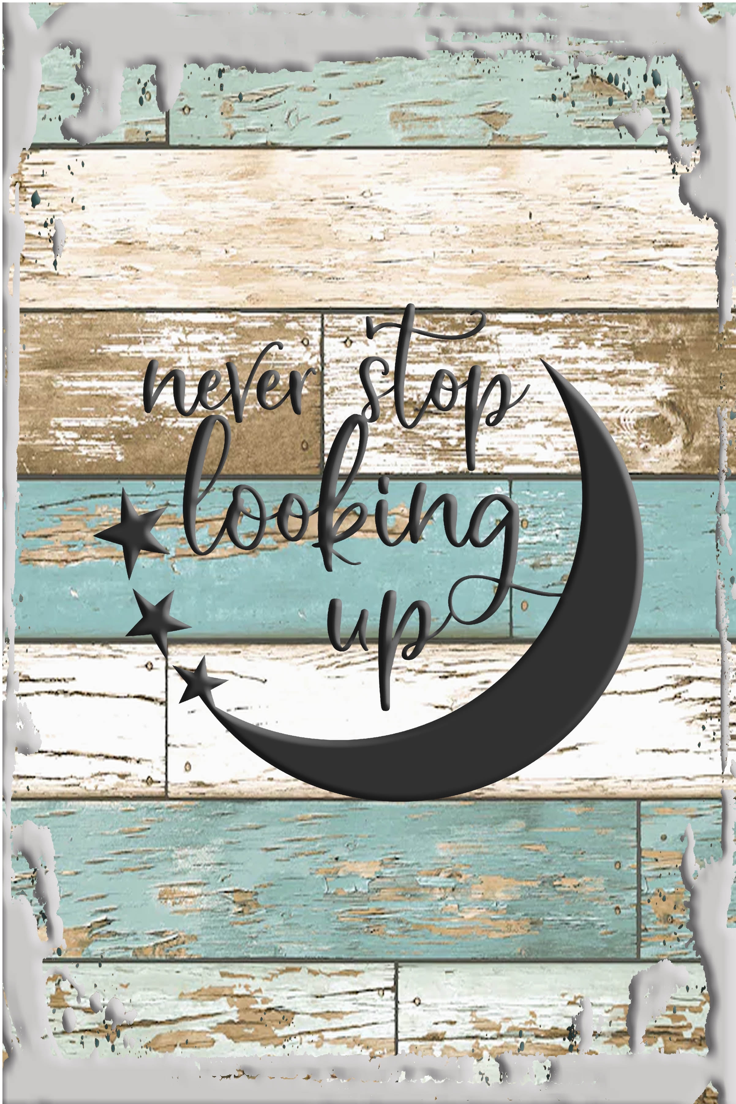 Never stop looking up cursive crescent moon stars White Wall Art Decor ...