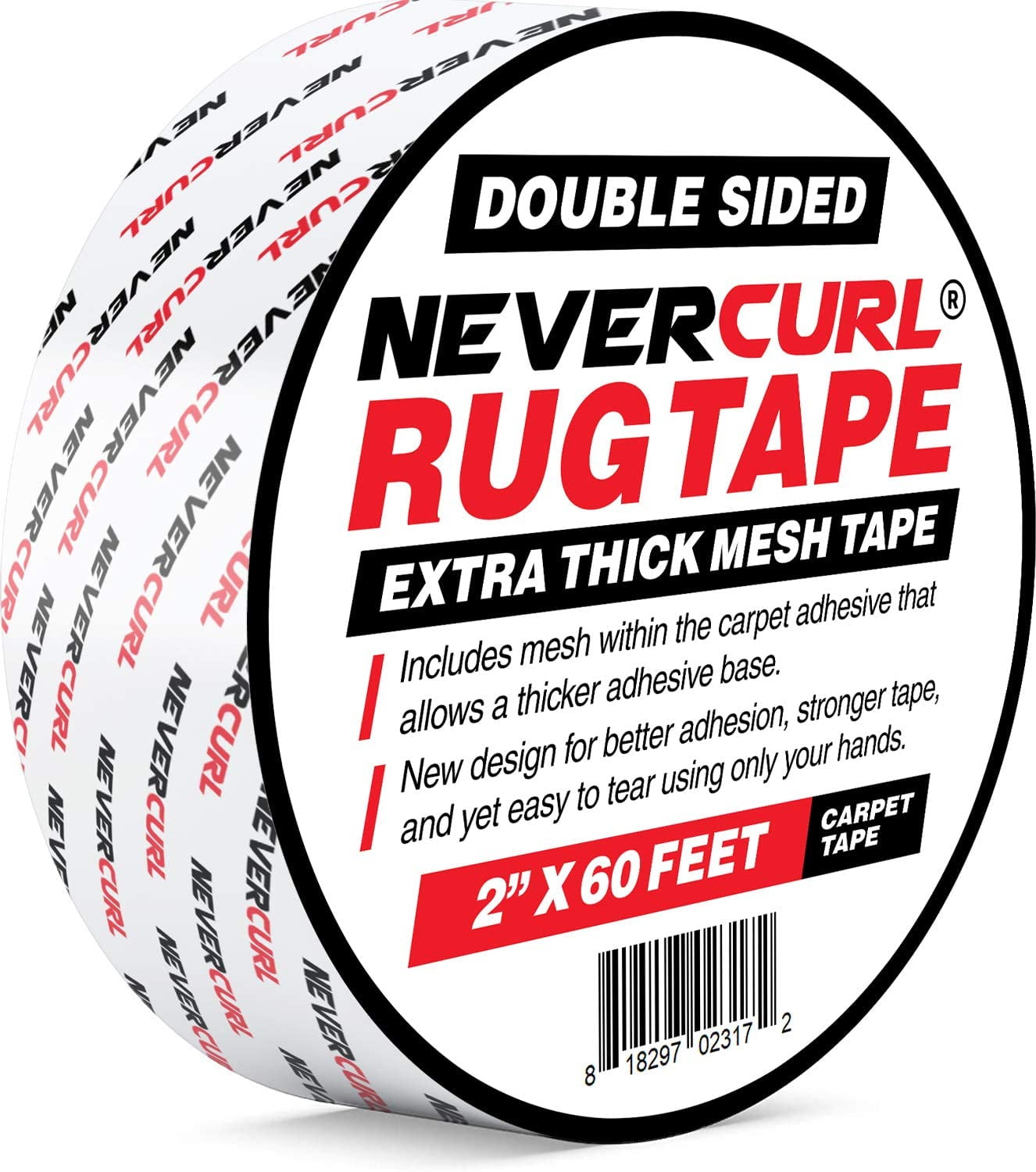 NeverCurl Double Sided Extra Thick Rug Tape with Mesh Fabric - 2" by 60 ...