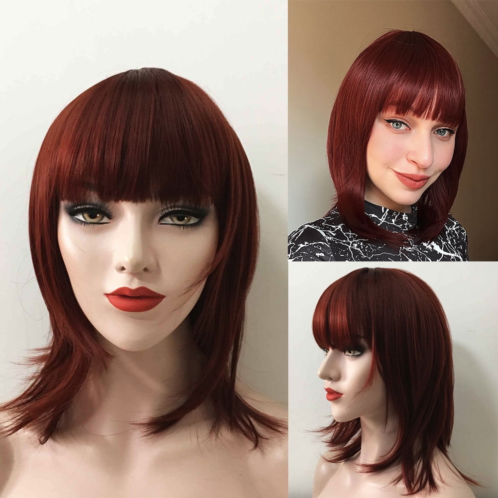 Nevermindyrhead Auburn Dark Red Wig,16 Inches Medium Length Straight ...