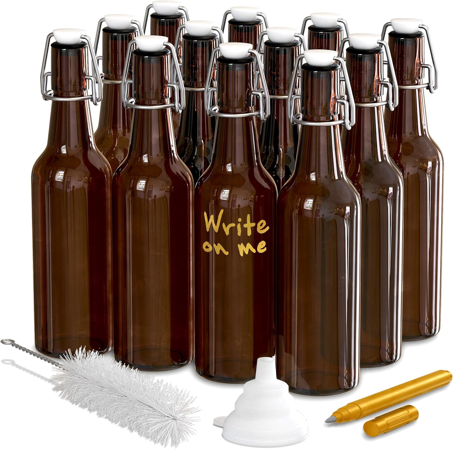 Nevlers 12 Pack of Amber Glass Beer Bottles for Home Brewing 16 oz ...