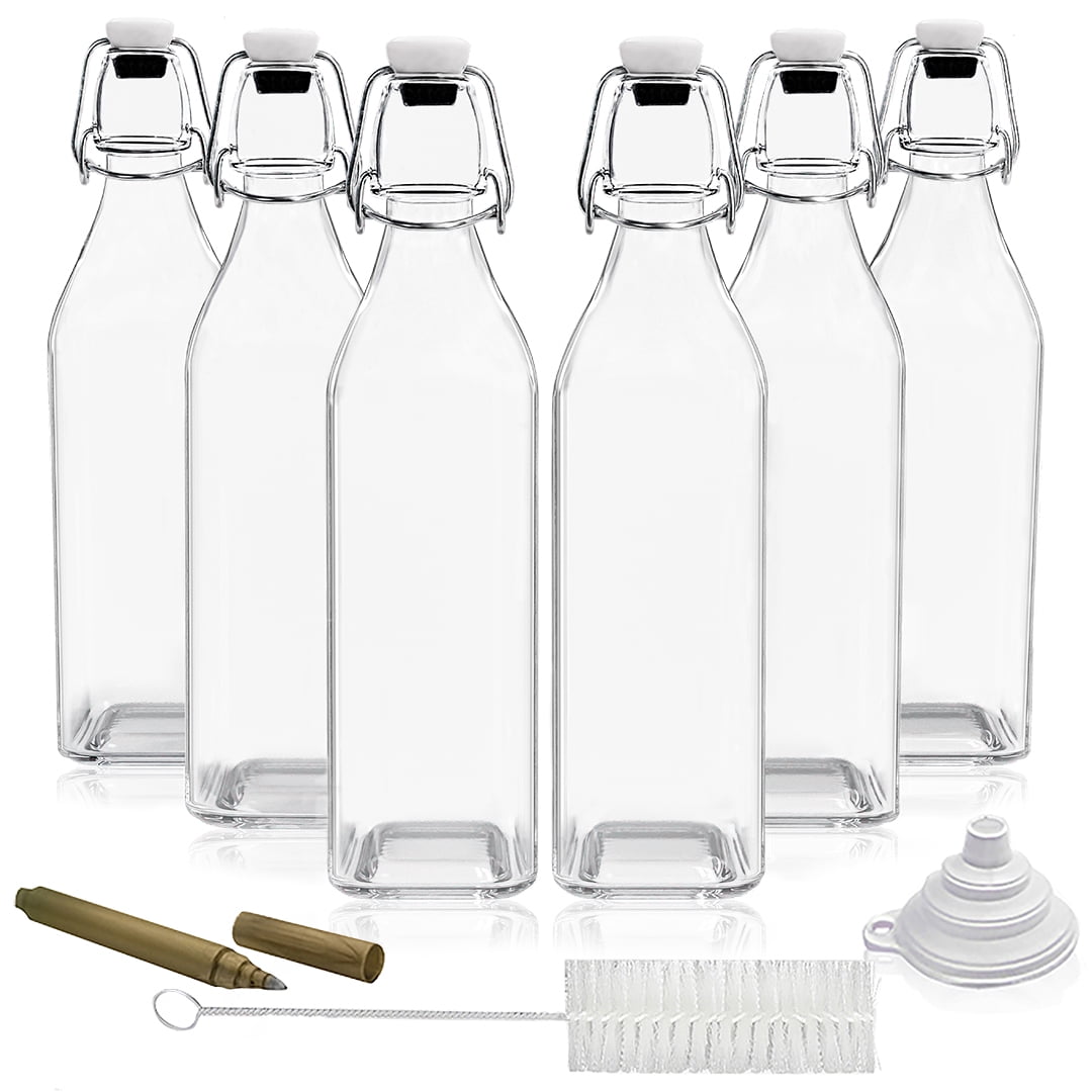 Nevlers 17 oz Square Swing Top Glass Bottles (Pack of 6) | Includes ...