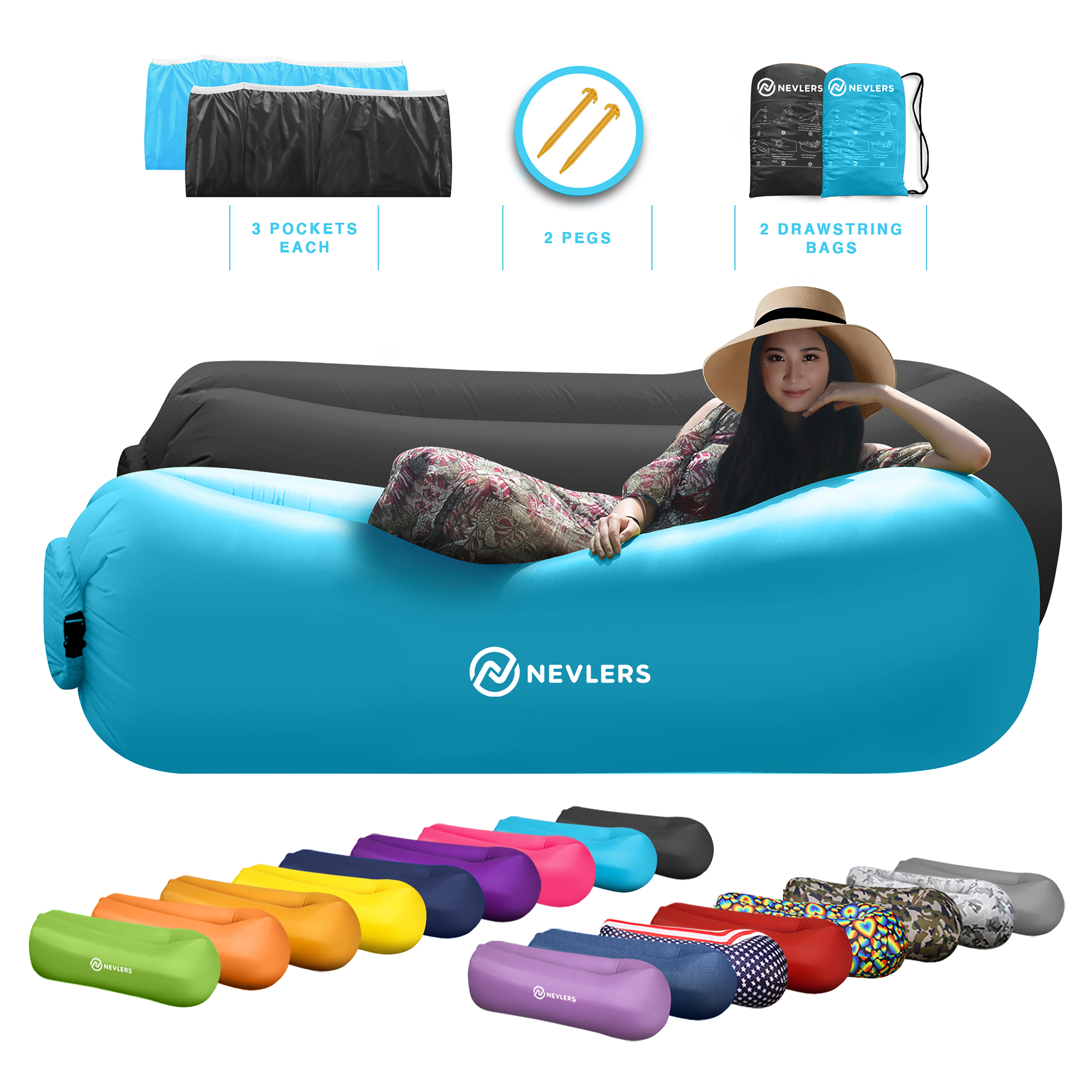Nevlers Black & Blue Inflatable Lounger (2 pack) with Travel Bag and ...