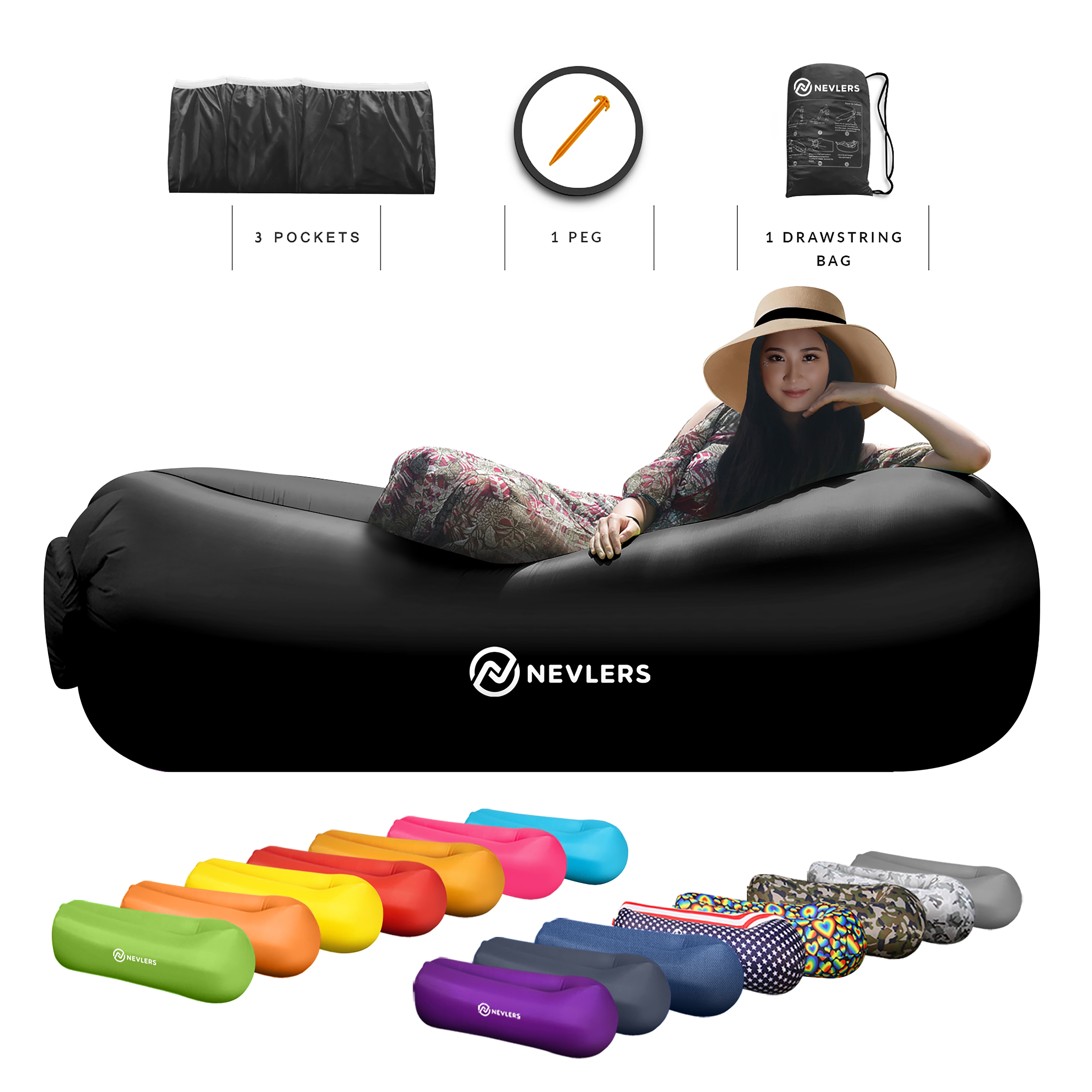 Nevlers Black Inflatable Lounger with Travel Bag and Pockets - Walmart.com