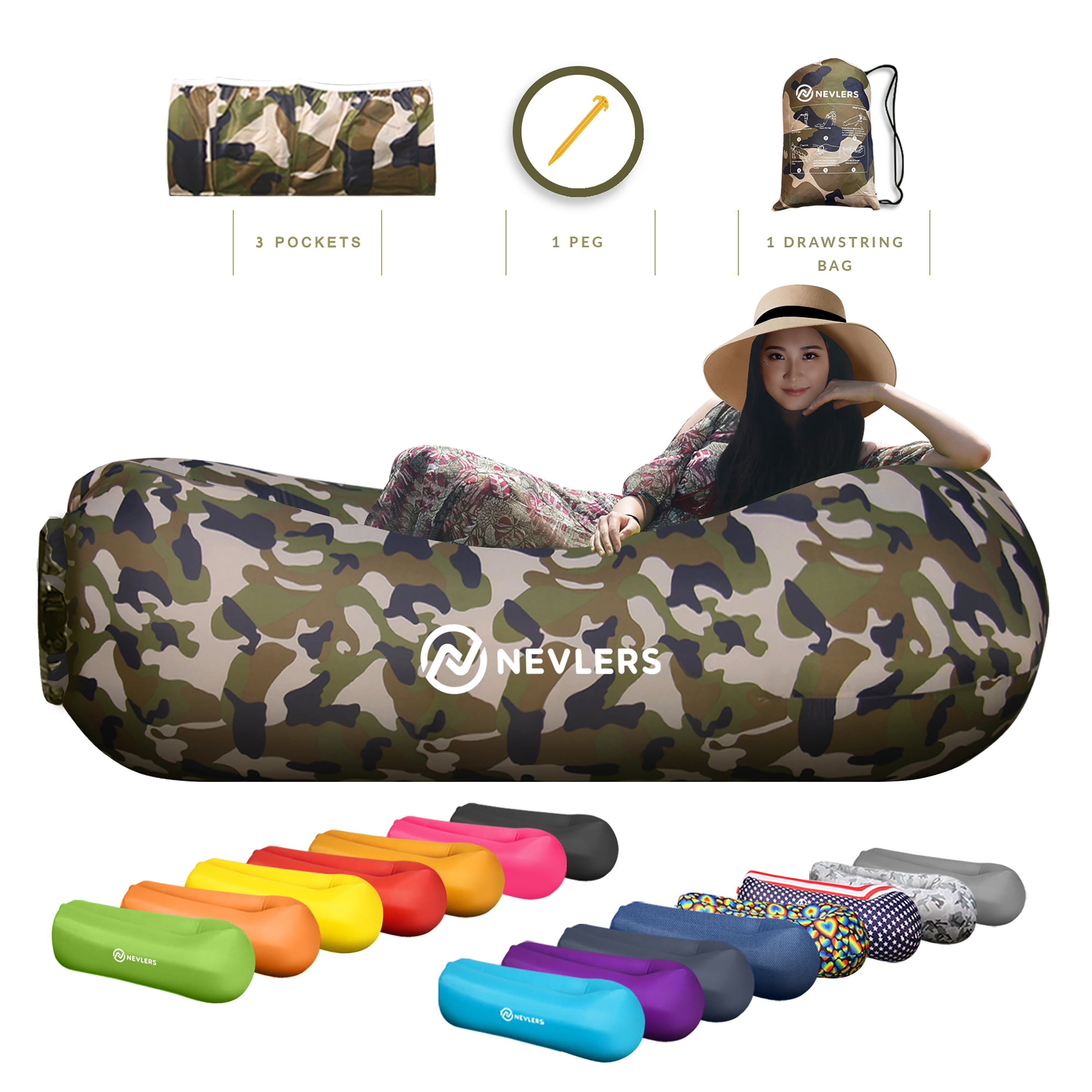 Nevlers Camouflage Inflatable Lounger with Travel Bag and Pockets ...