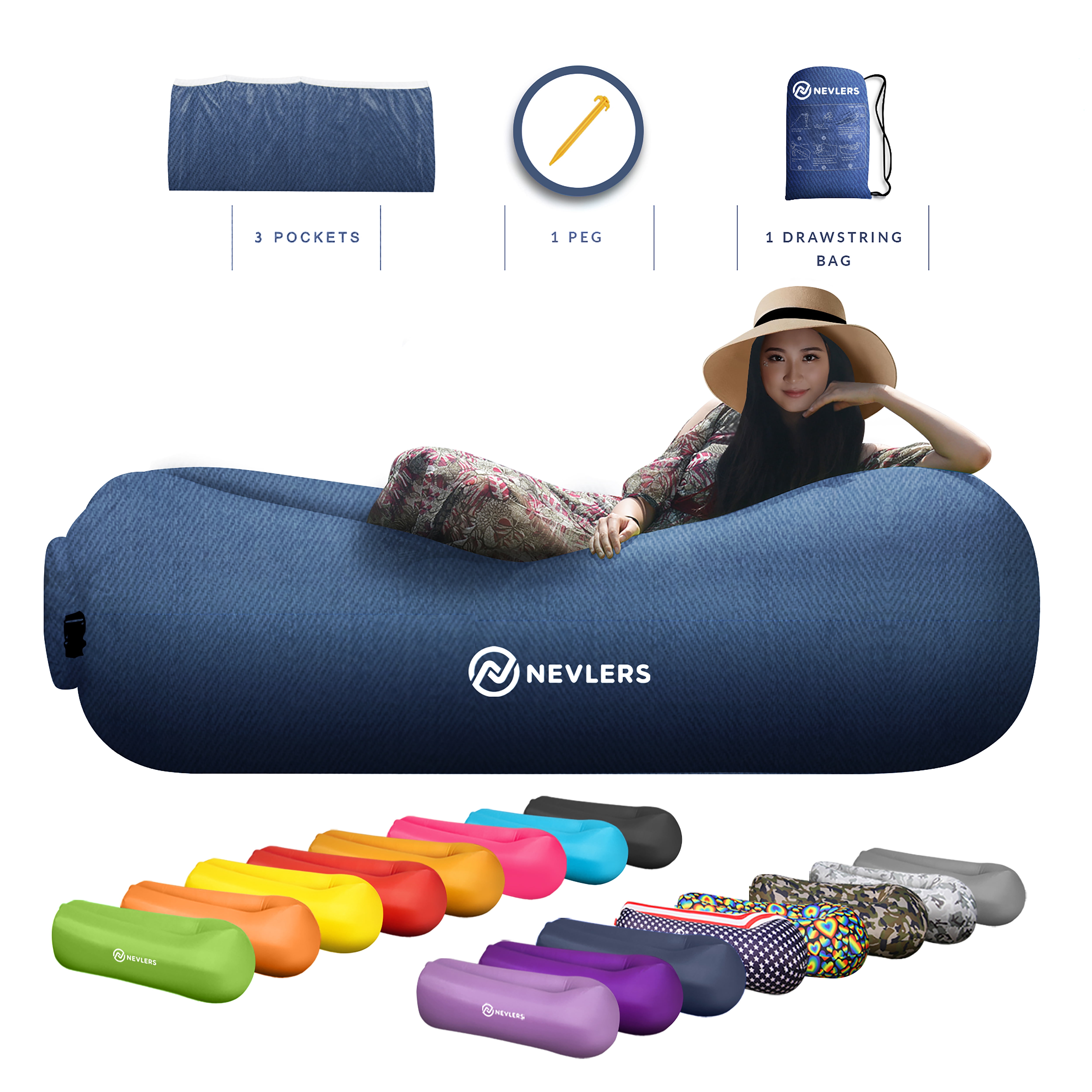 Nevlers Light Blue Jean Inflatable Lounger with Travel Bag and Pockets ...
