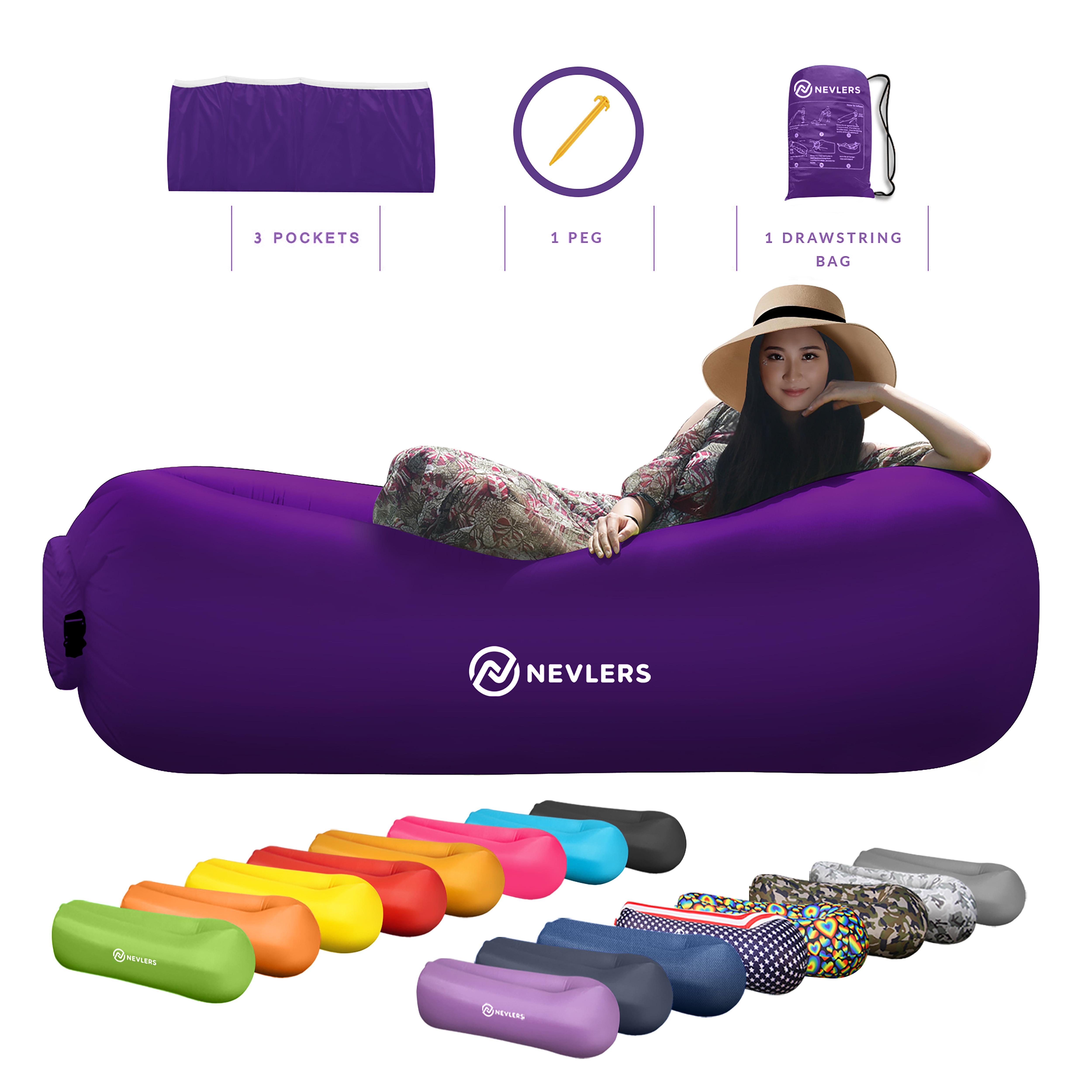 Nevlers Portable Blow Air Beach Pool Inflatable Lounger in Purple with ...