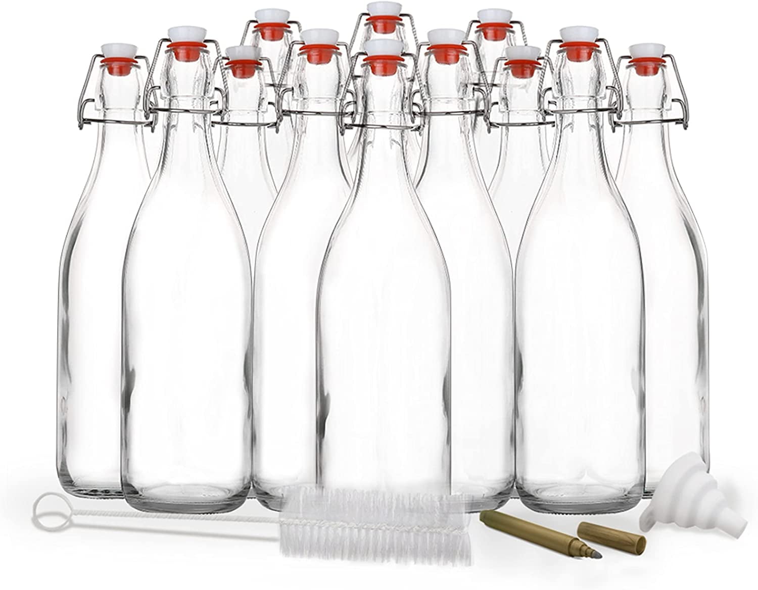 Nevlers Set of 12| 17 oz Round Glass Bottle Set with Airtight Swing Top Stoppers | Home Brewing ...