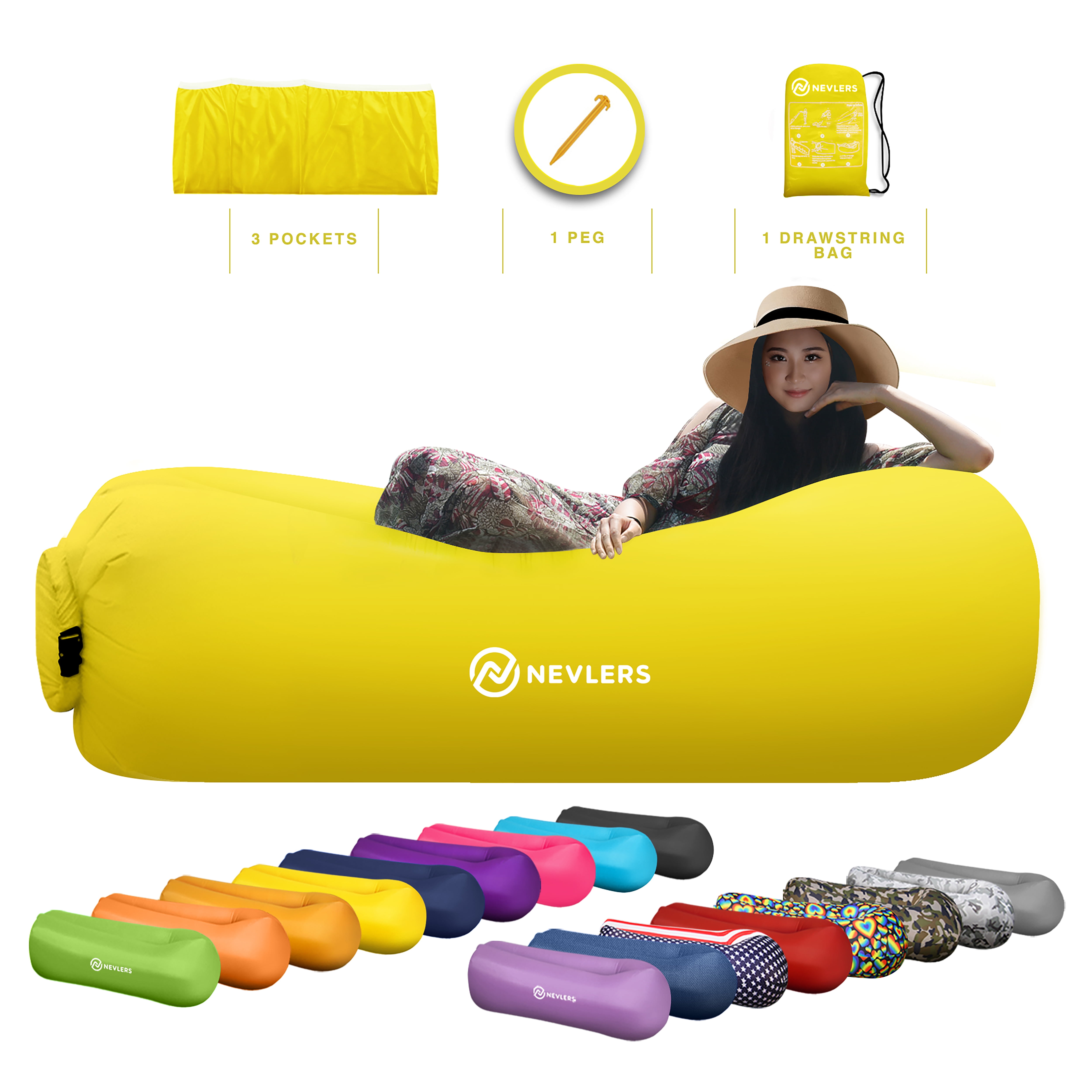 Nevlers Yellow Inflatable Lounger with Travel Bag and Pockets - Walmart.com