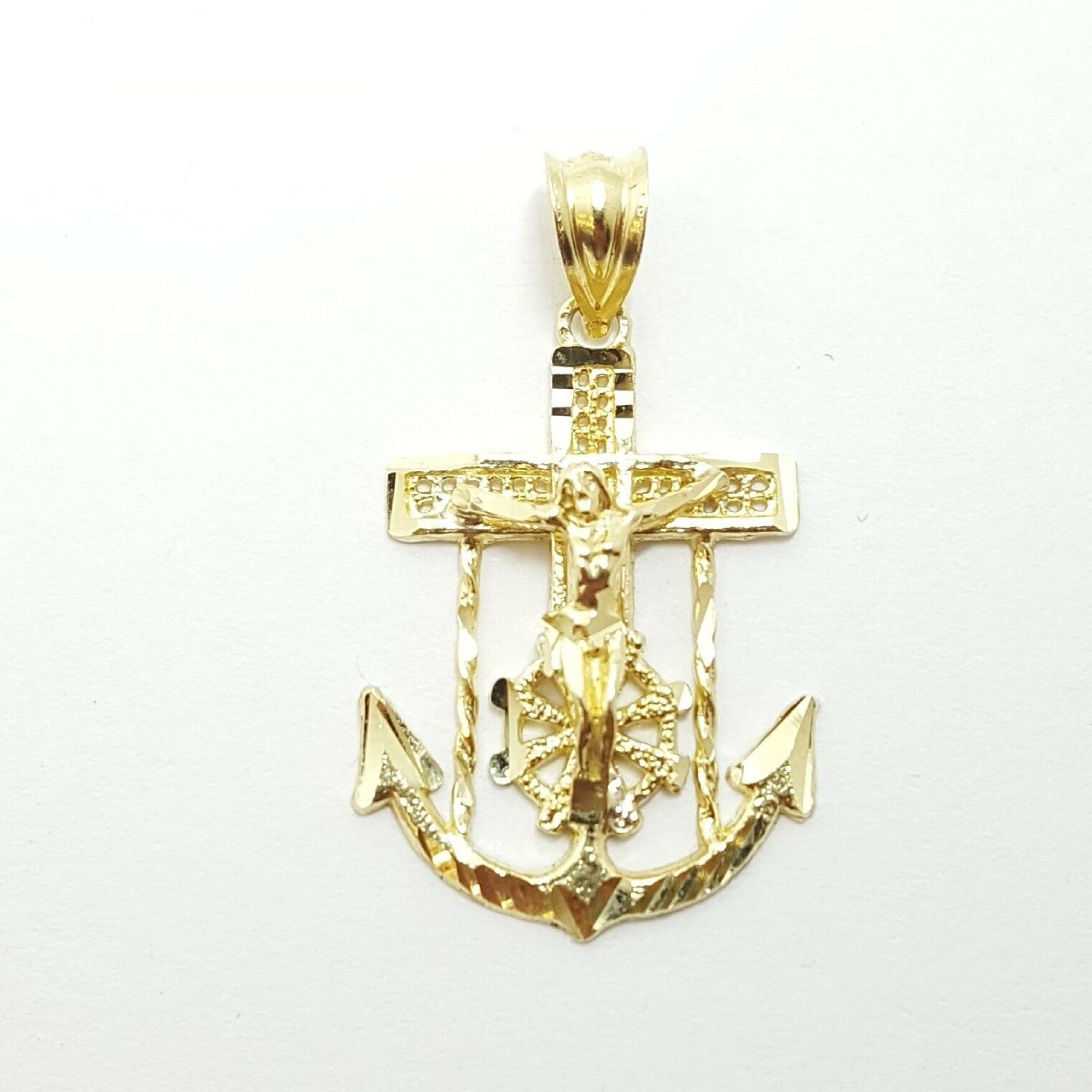 New 10k solid yellow Gold Jesus anchor and wheel Pendant charm fine ...