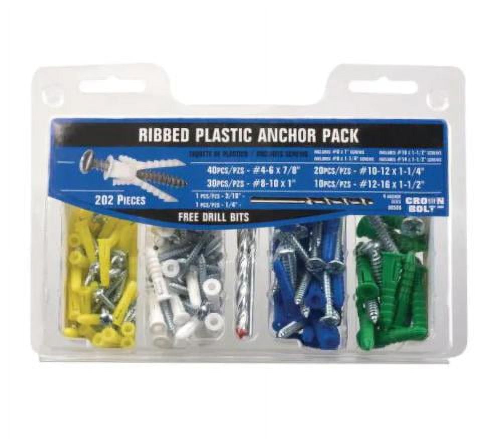 New 202-Piece #4-#16 x 7/8 in. x 1-1/2 in. Plastic Ribbed Anchor Pack ...
