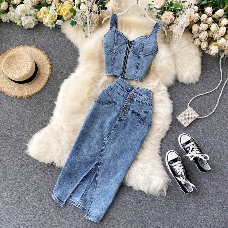 New 2020 Women’S Chic Set Short Crop Top Cami & High-Waisted Denim ...