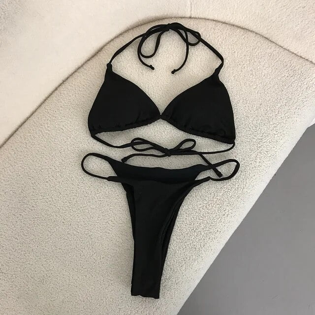 New 2024 Swimsuit Ladies Bikini Beach Basics European and American Beach Swimsuit Pure Color ...