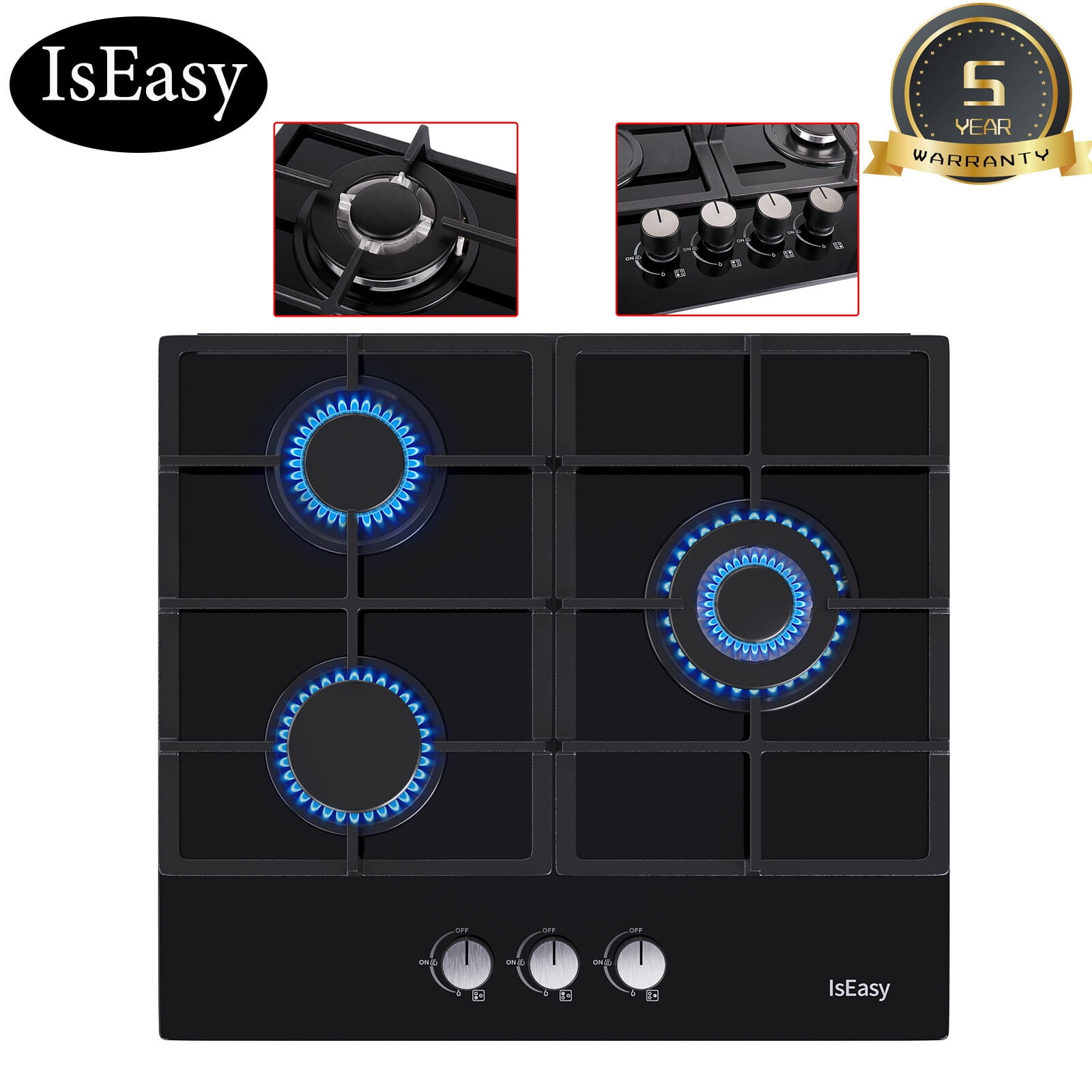New 24" 3 Burners Gas Cooktop Stove Built-in Tempered Glass LPG/NG Gas ...