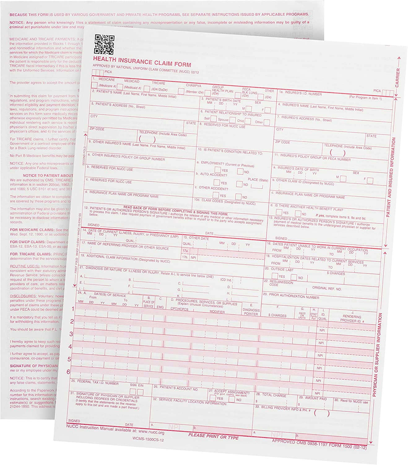 New 2500 CMS 1500 Claim Forms – Current HCFA 02/2012 Version (OMB-0938-1197) - Forms will Line ...