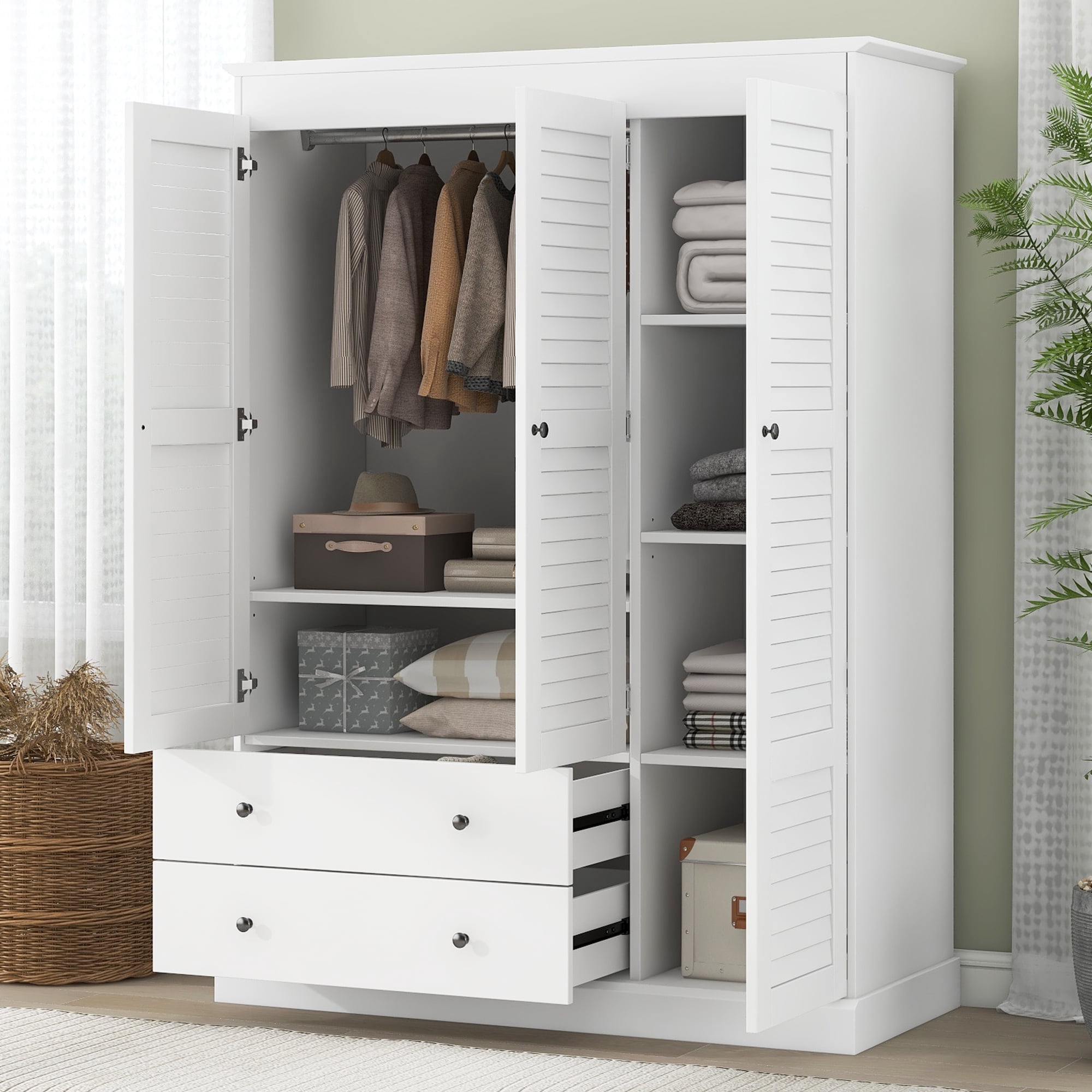 New 3 Shutter Door Wardrobe Armoire Closet with 2 Drawers, White ...