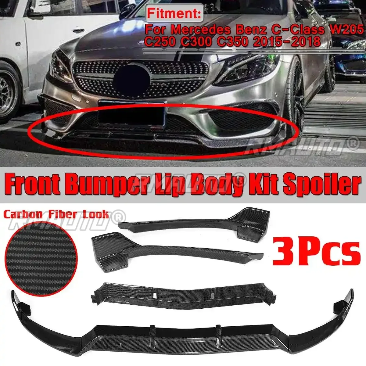 New 3pcs Car Front Lip Chin Bumper Lip Spoiler Splitters For Mercedes ...