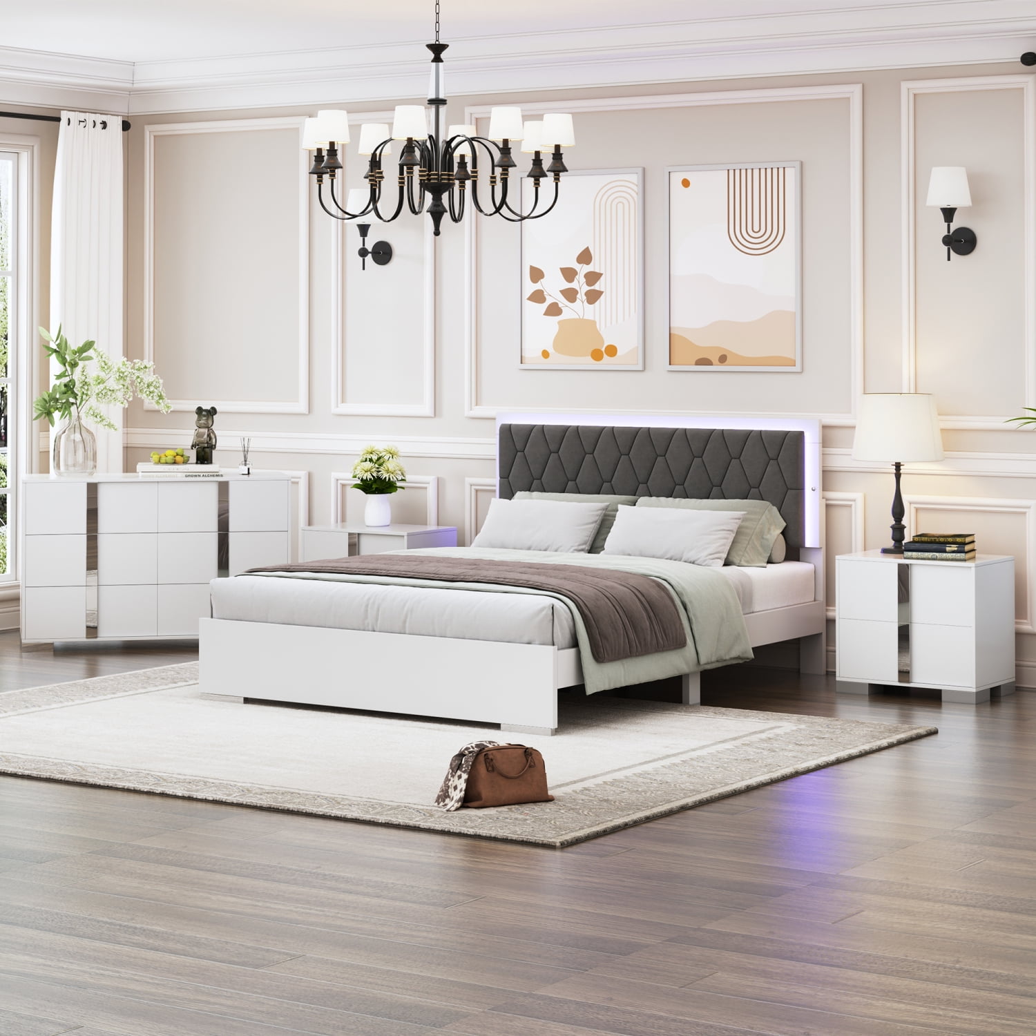 New 4-Pieces Bedroom Sets Queen Size Upholstered Bed with LED Lights ...