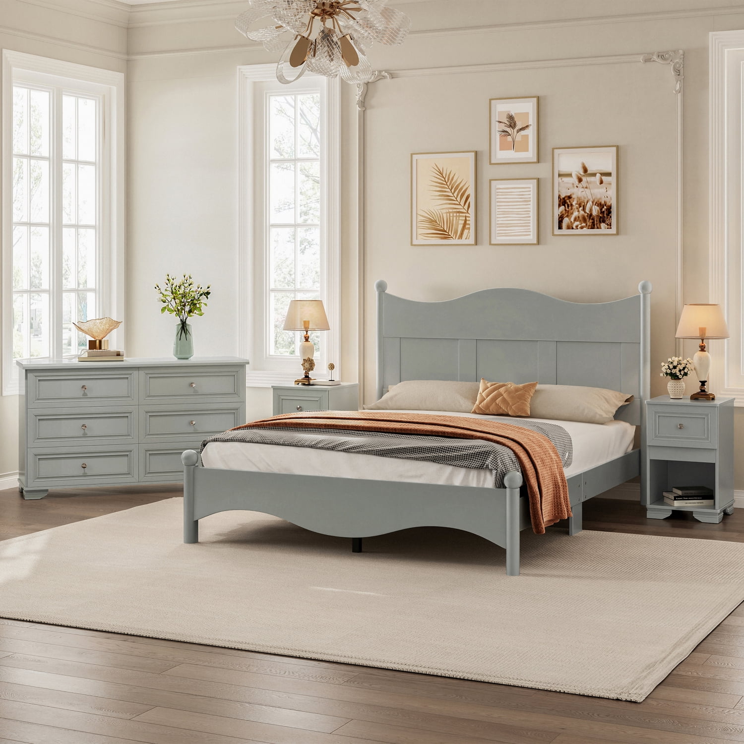 New 4-Pieces Retro Style Bedroom Sets, Queen Size Platform Bed with ...