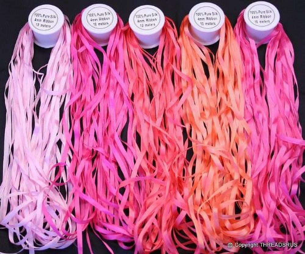 New 7mm Size 5 Spools of 100% Pure Silk Ribbons - Pink Tones - 50 mts x ...