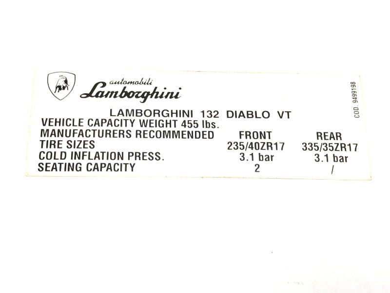 New 91-96 Lamborghini Diablo 17" Wheel & Tyre Warning Spec Information ...
