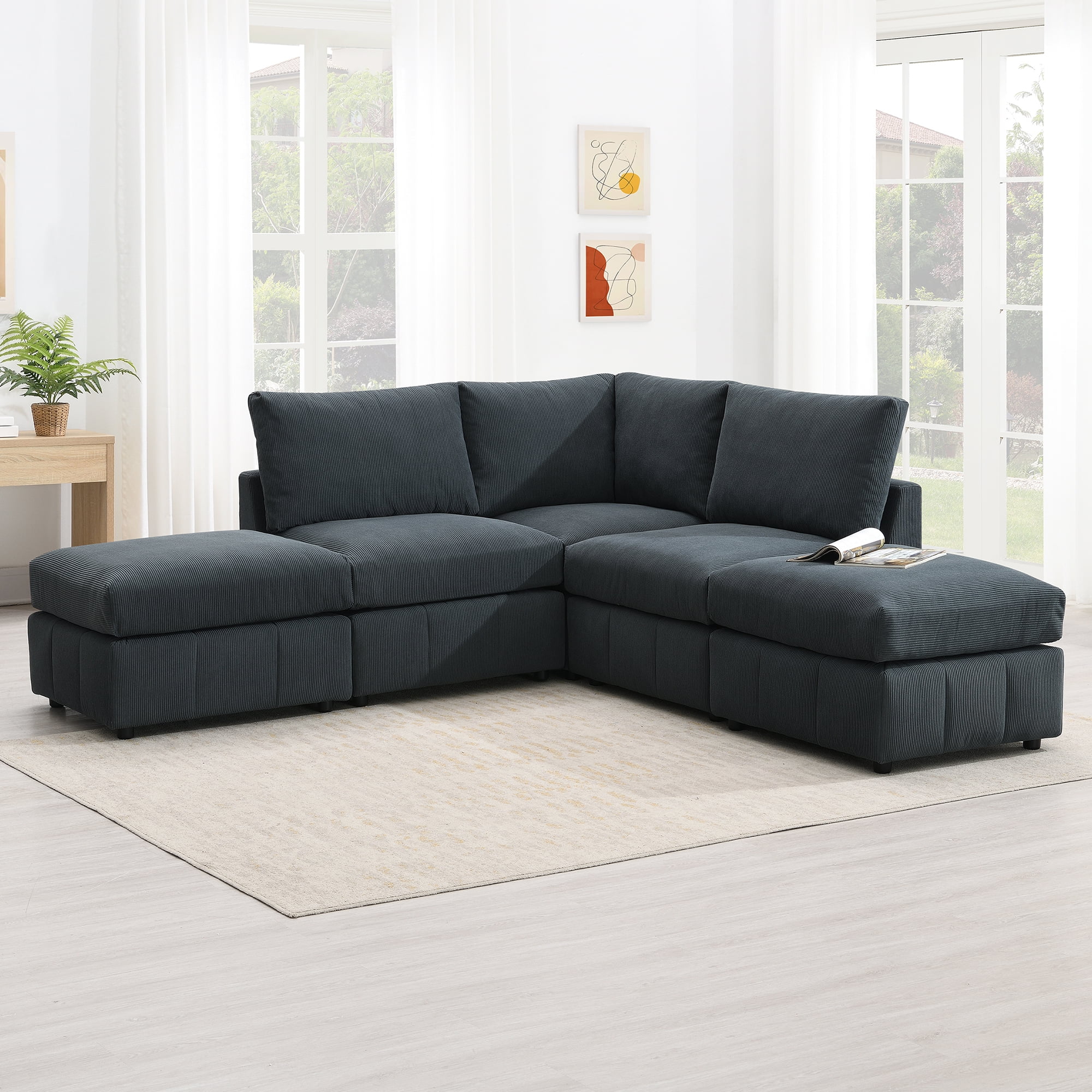 [New]93"Modern Sectional Sofa with Vertical Stripes,5-Seat Armless Couch Set with Convertible ...