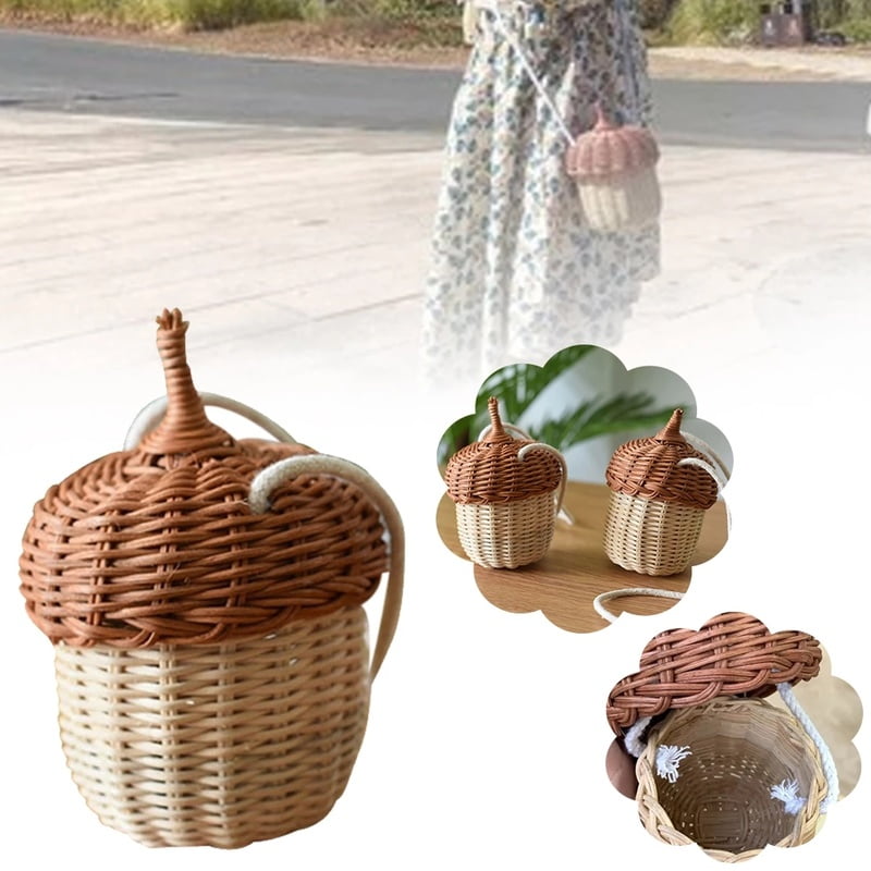 New Acorn-shaped Storage Basket Hand-woven Round Rattan Bag Bucket ...