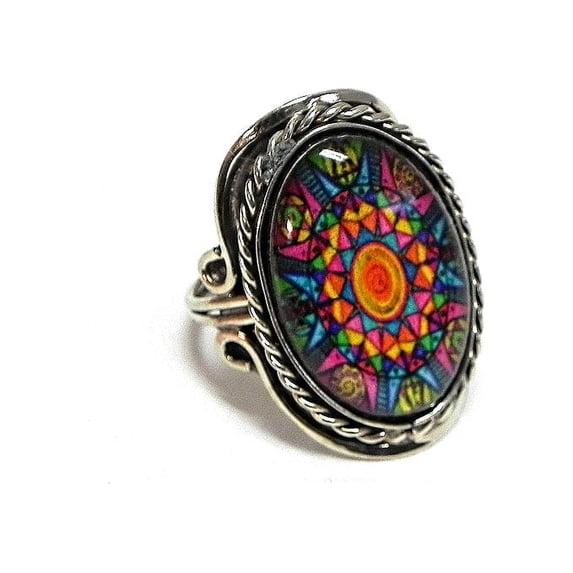 New Age Psychedelic Mandala Graphic Oval Acrylic Cabochon Silver Metal ...