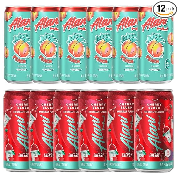 New Alani Mini Energy Drinks, 8.4oz Cans Cherry Slush, Juicy Peach ...
