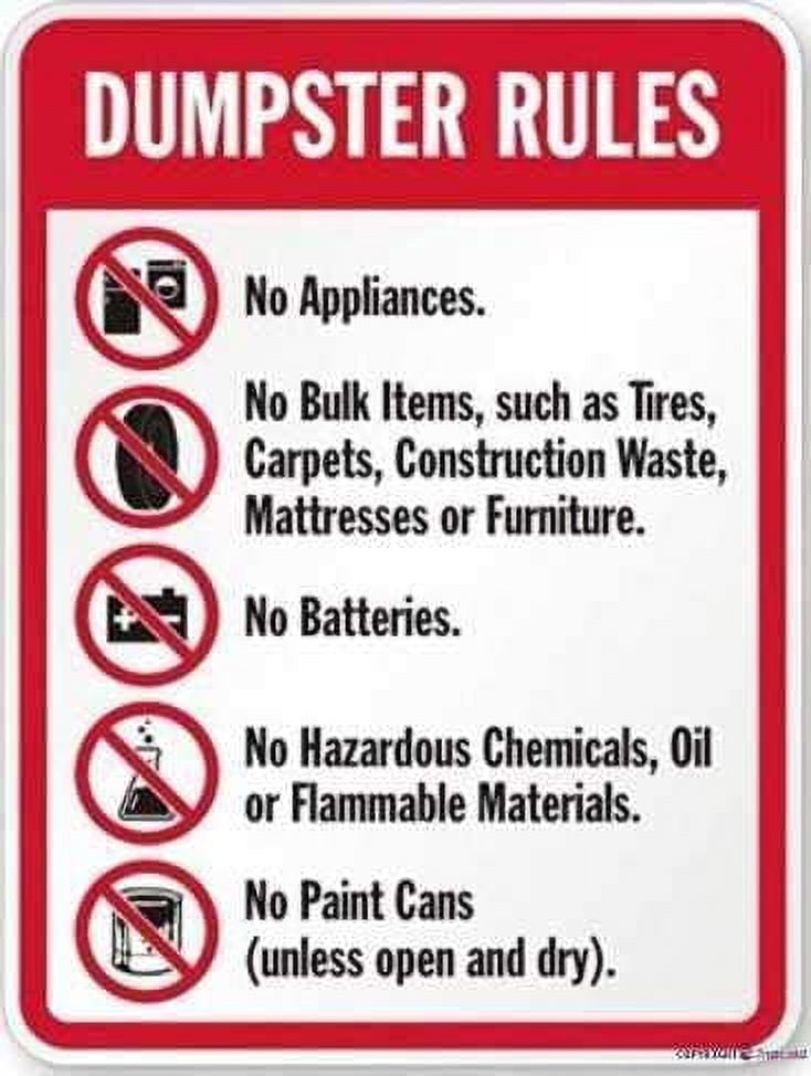 New Aluminum Sign Dumpster Rules (with Graphic) Sign Road Sign|Indoor ...