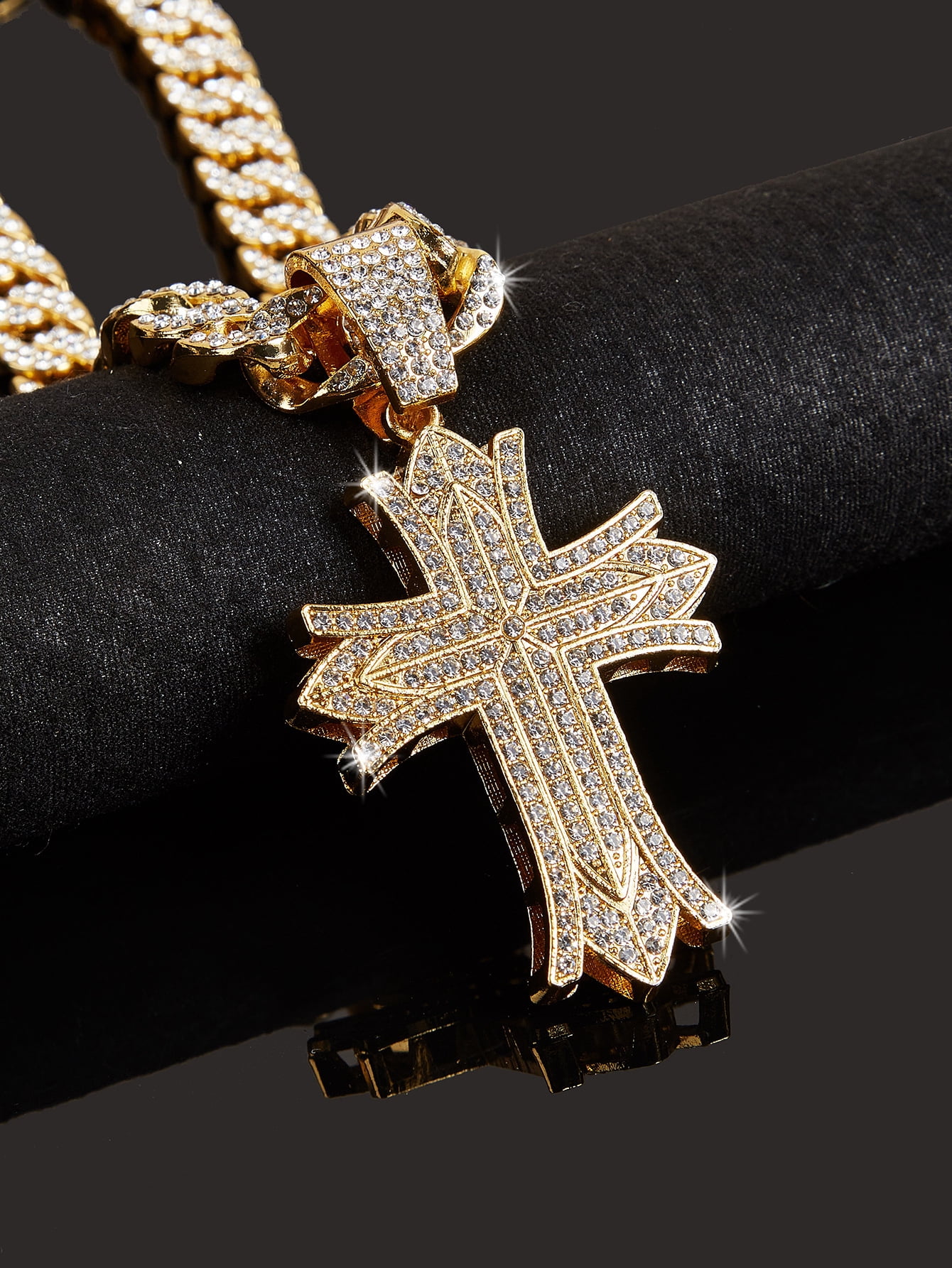 New Arrival Rhinestone Cuban LInk Chain Punk Iced Out Cross 14K Yellow ...