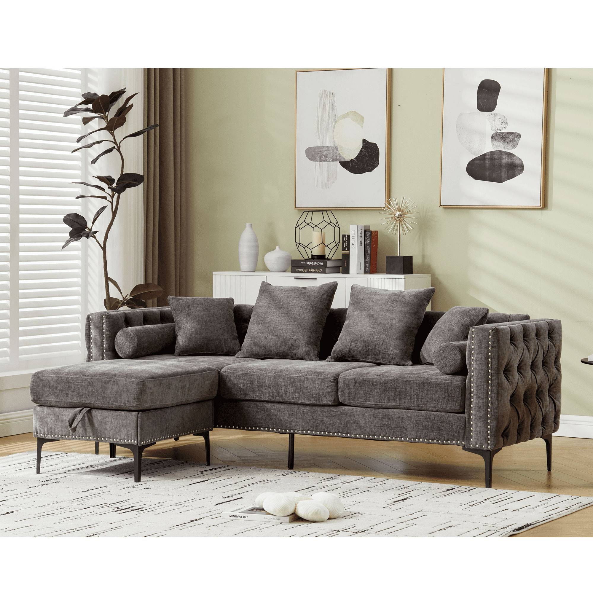 Comfortable Sofas L Shaped Sectional Sofa , Convertible Storage Ottoman,Chenille ,Square Arm ...