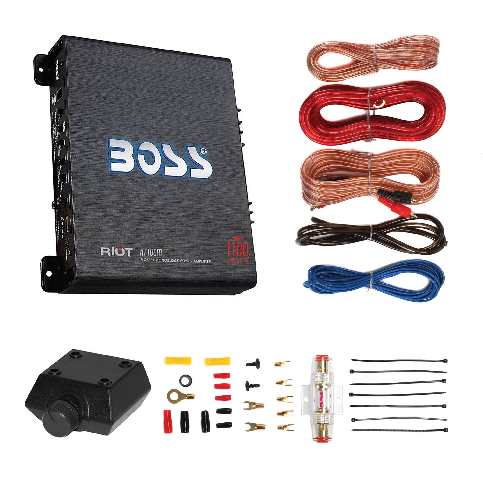 BOSS R1100M 1100W Mono Car Audio Amplifier & 8 Gauge Amp Wiring Kit ...