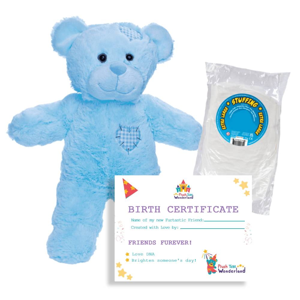 Plush Gear Baby Blue Patches Bear 8" DIY Kit with Stuffing & Birth ...