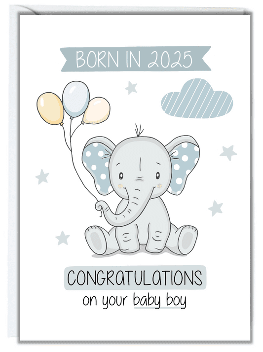 New Baby Boy Congratulations Card – Cute Elephant Design with Balloons ...