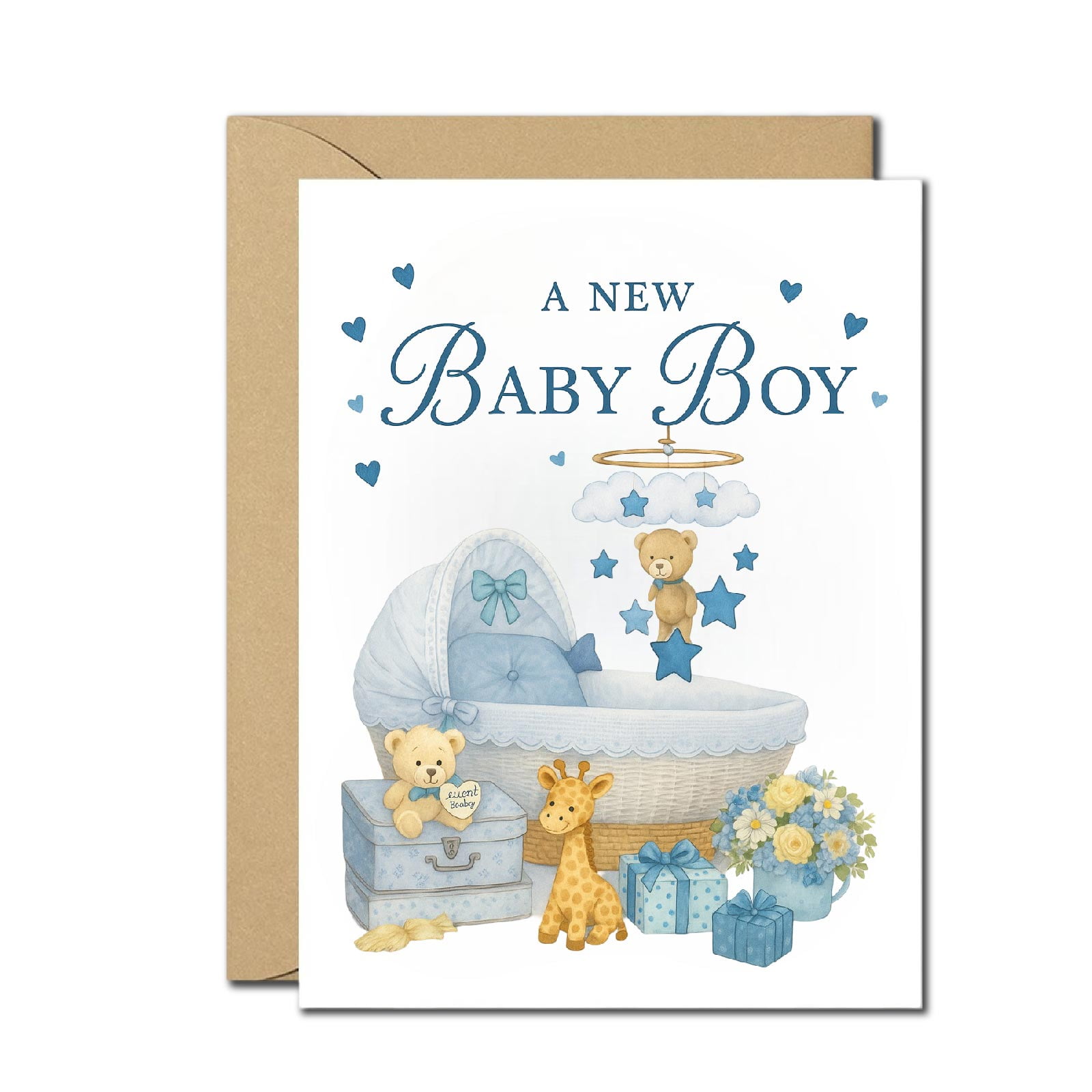 New Baby Boy Greeting Card - Adorable Blue Nursery Design, Blank Inside ...