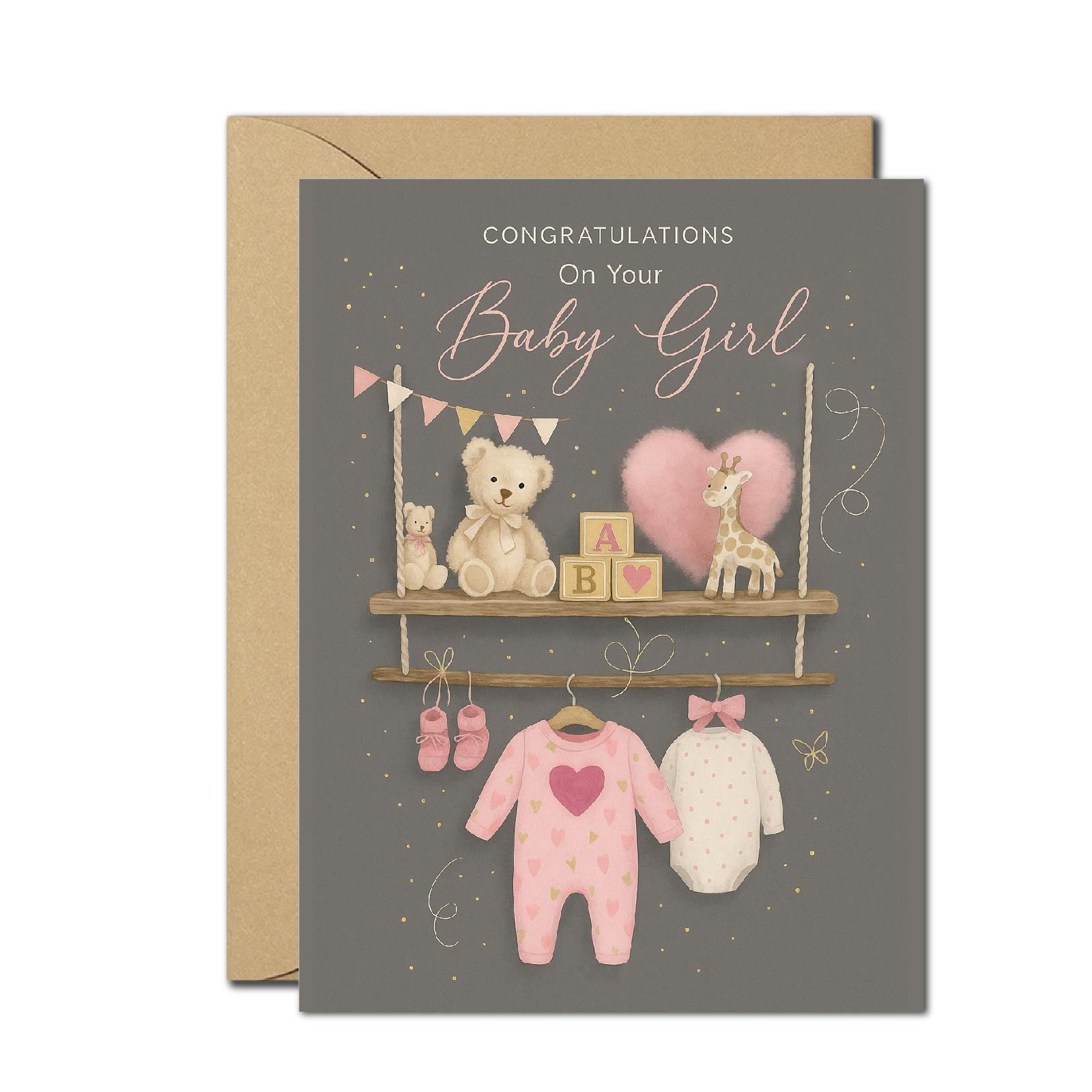New Baby Girl Greeting Card - Sweet Pink Nursery Design, Blank Inside ...