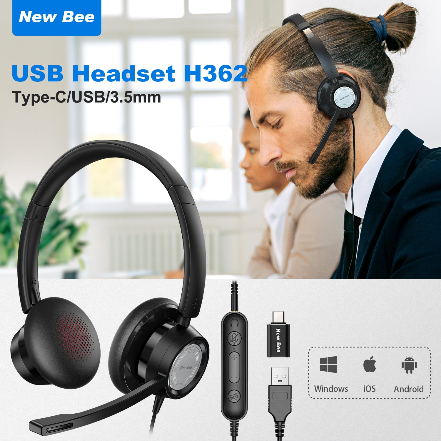 New Bee Computer USB Headset W/270° Rotatable Microphone Cable Headsets ...