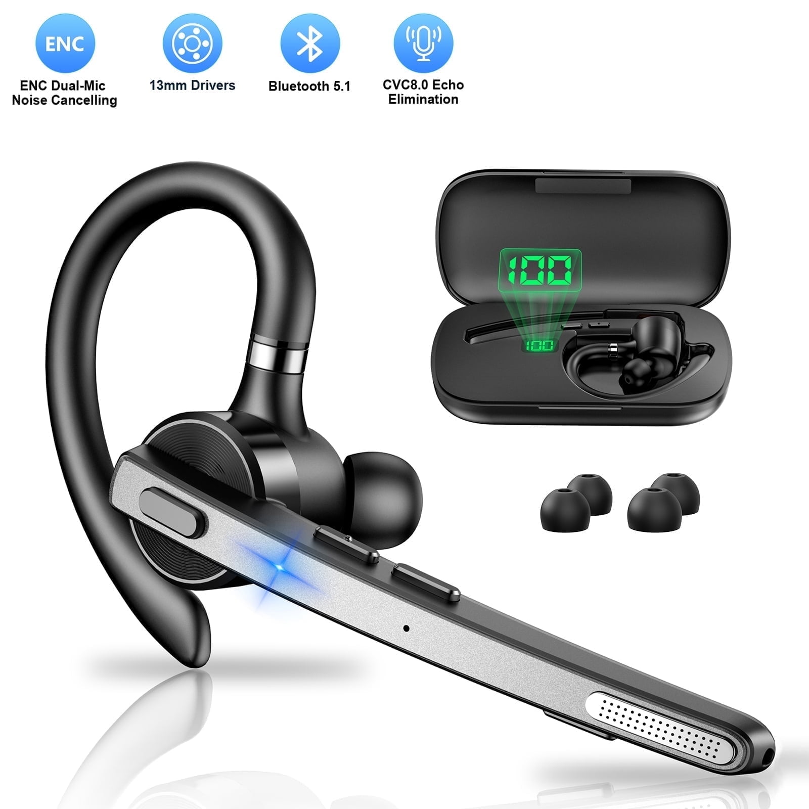 New bee Bluetooth Headset, V5.1 Wireless Earpiece, 72H Talk Time, ENC ...