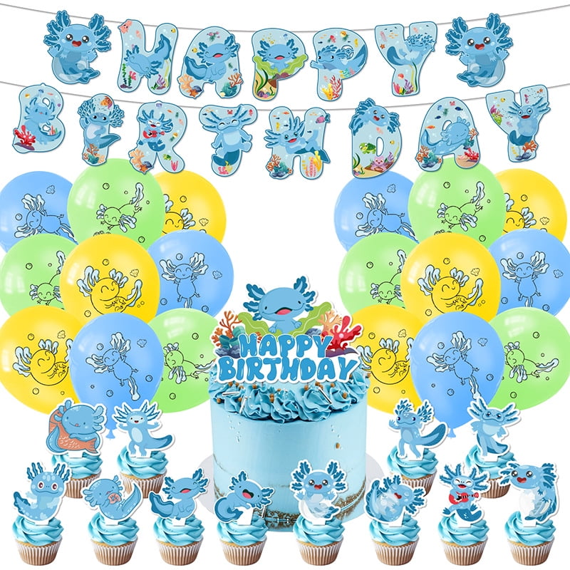New Blue Axolotl Theme Happy Birthday Banner Cake Topper Latex Balloons Party Decorations ...