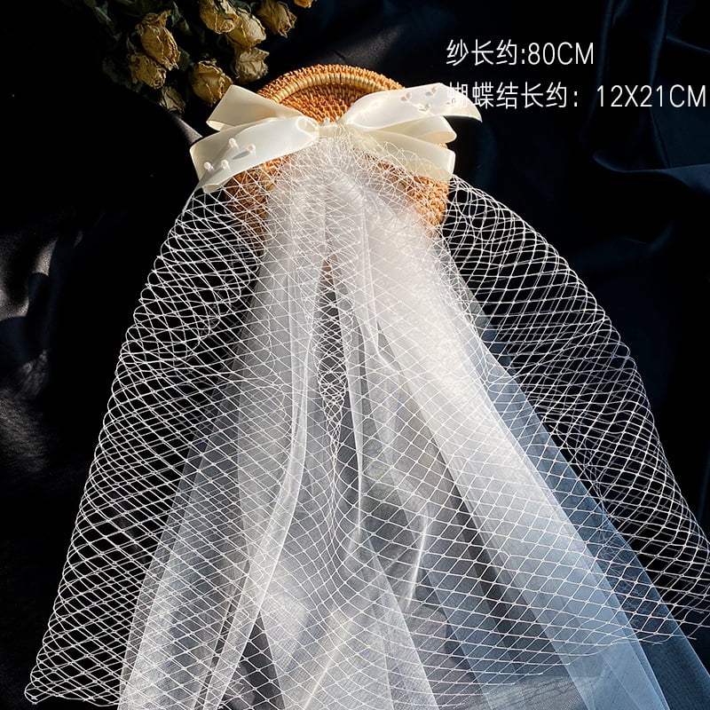 New Bow Veil Wedding Trip Shoot Photo White Satin Mesh Barrettes Bridal ...