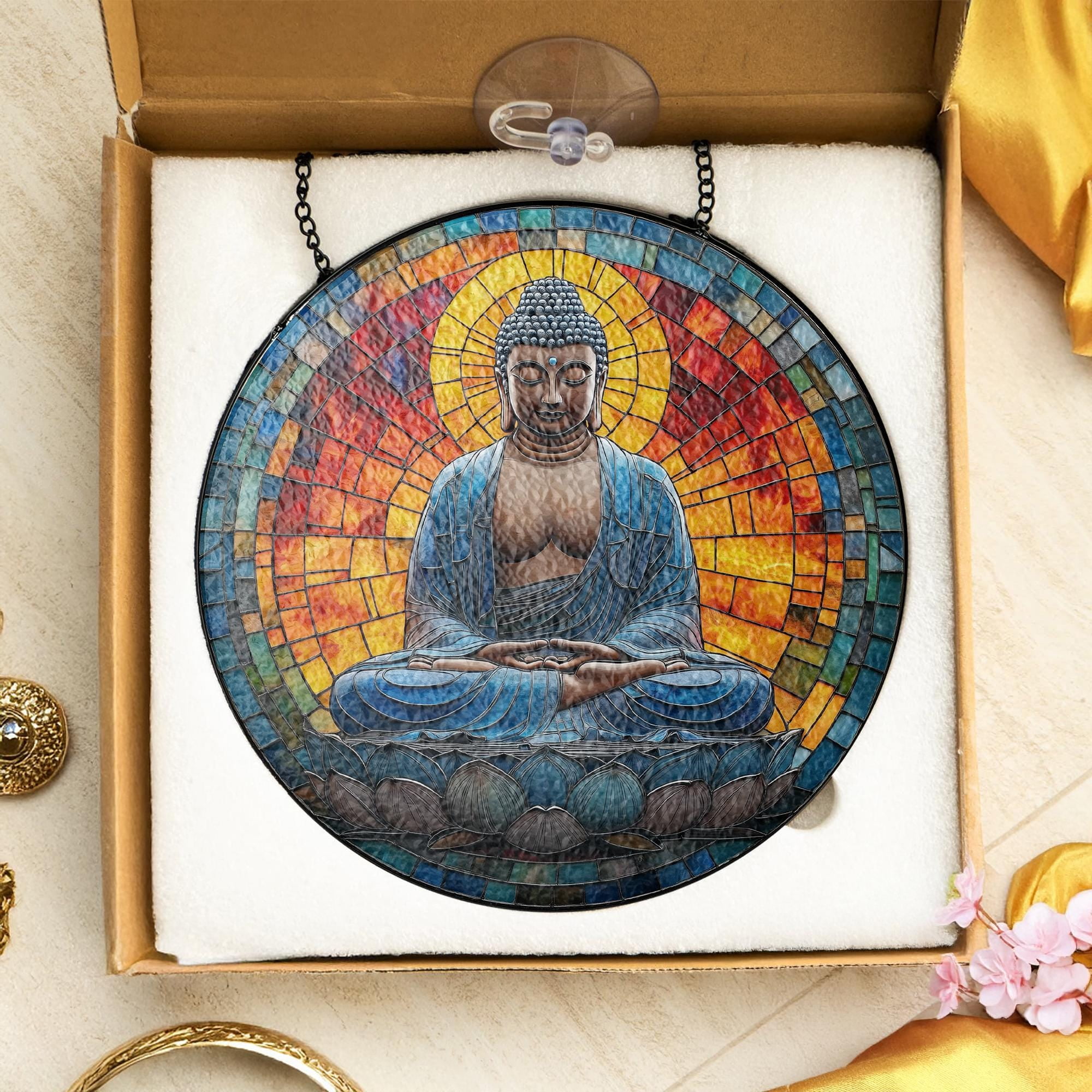 New Buddha Glass Suncatcher, Zen Stained Glass Decor, Meditation Window ...
