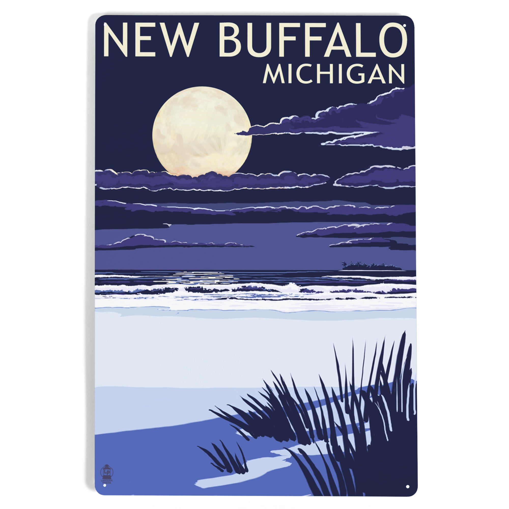 New Buffalo, Michigan, Full Moon Night Scene (12x18 Aluminum Art ...