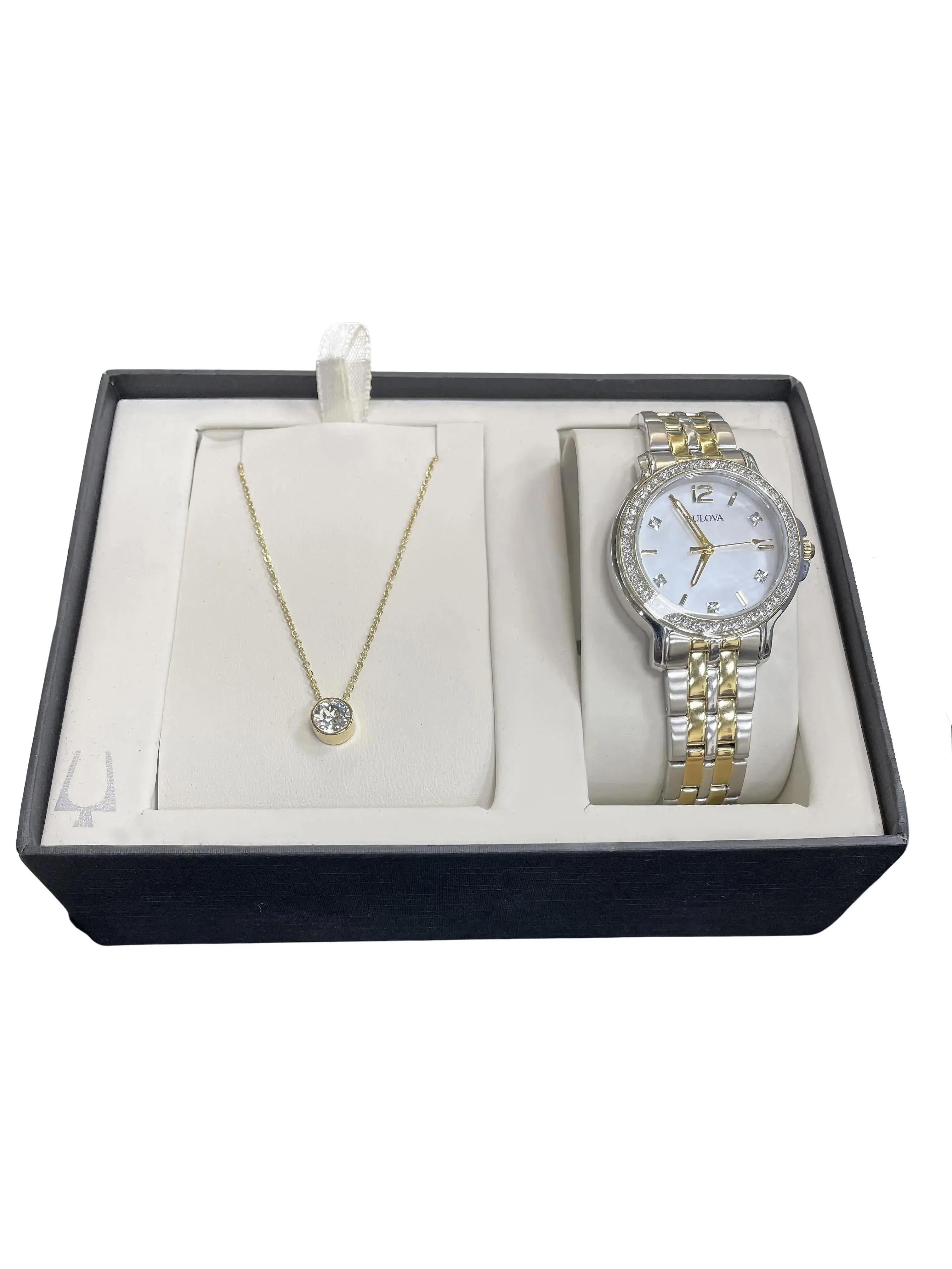 New Bulova Two-Tone 34mm Steel Ladies Watch and Crystal Stud Necklace ...