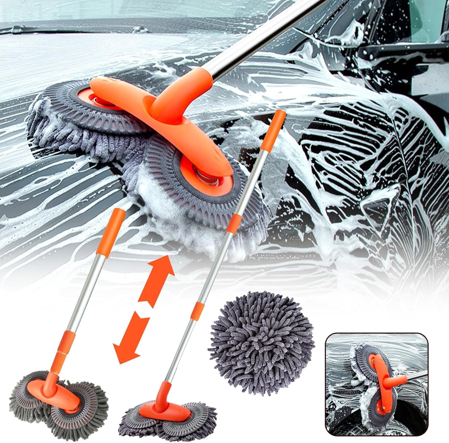 New Car Wash Brush with Long Handle,45-Inch Microfiber Car Wash Mop ...